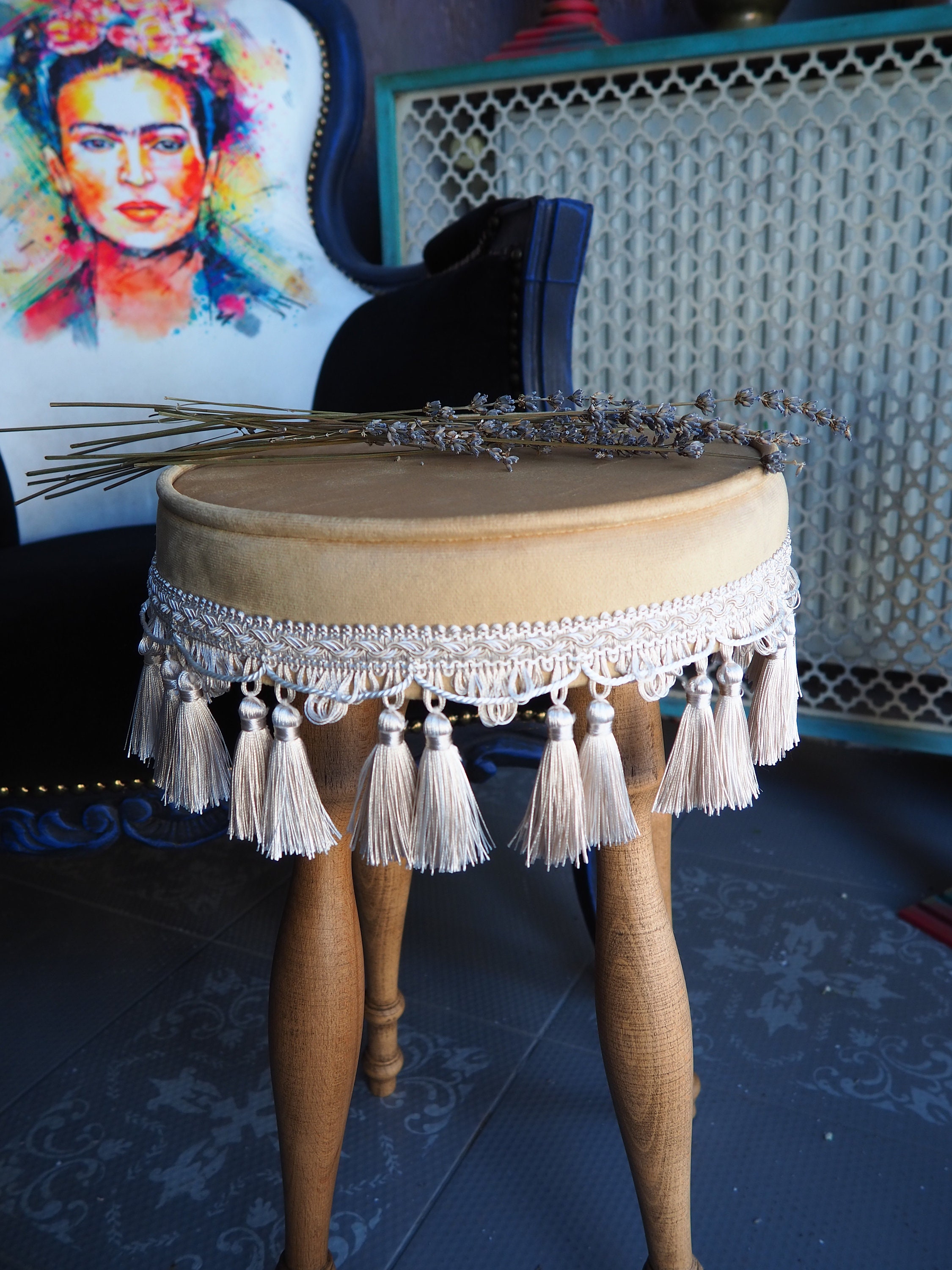 Turkish Yellow Velvet Fabric Wooden Leg Decorative Pouffe and - Etsy
