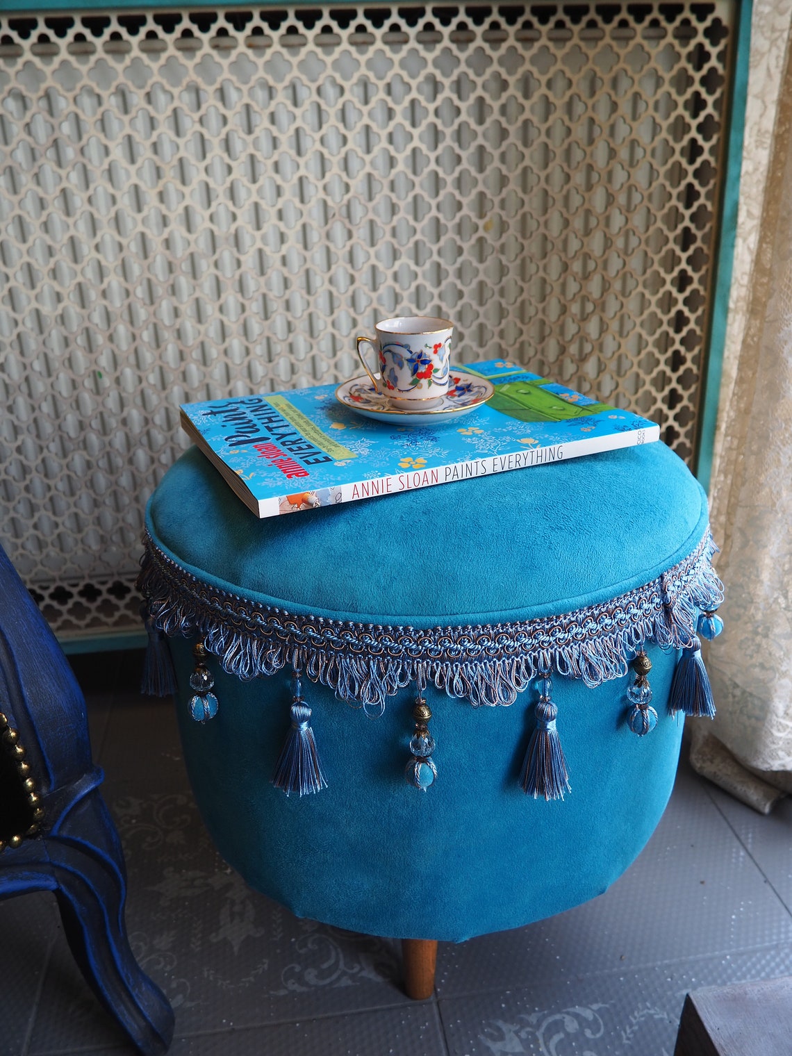 Turkish Turquoise Velvet Fabric Decorative Pouffe and 2 FREE 45*45 ...