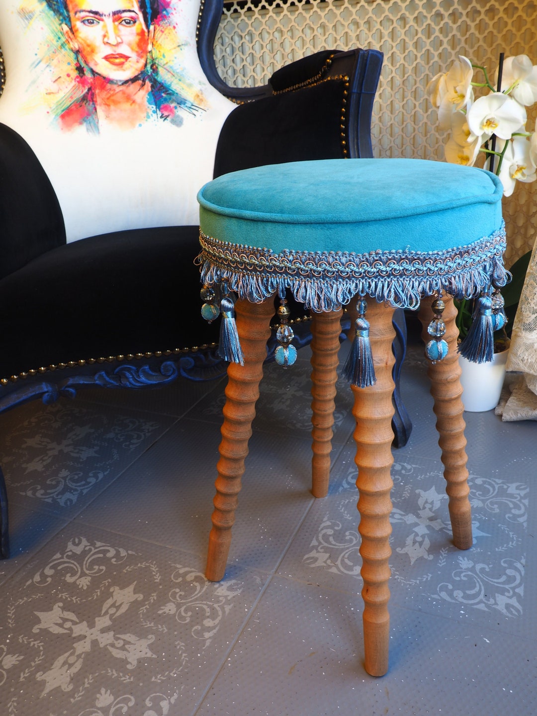 Turkish Turquoise Velvet Fabric Wooden Leg Decorative Pouffe and 2 FREE ...