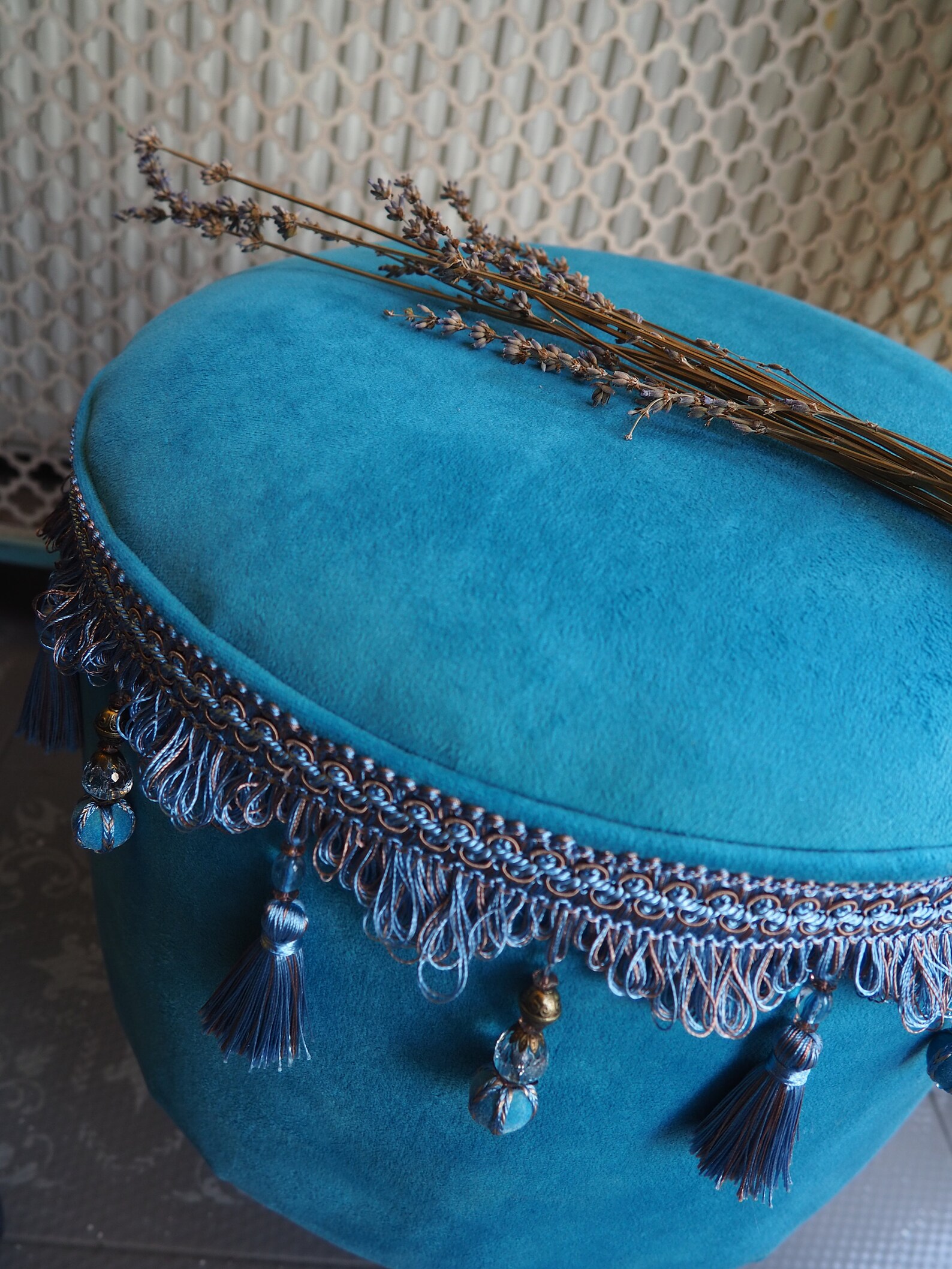 Turkish Turquoise Velvet Fabric Decorative Pouffe and 2 FREE 45*45 ...