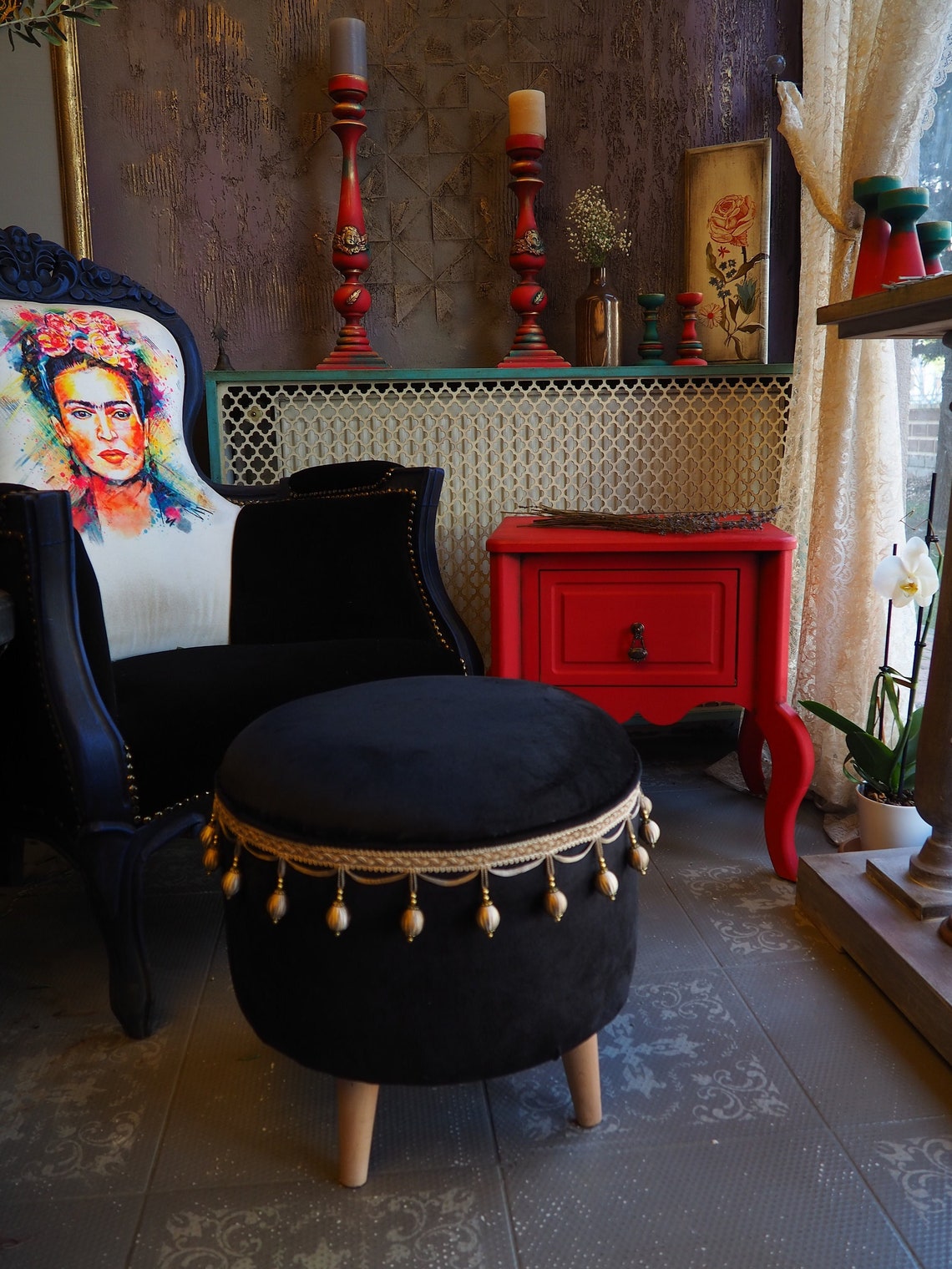 Turkish Black Velvet Fabric Decorative Pouffe and 2 FREE 4545 - Etsy