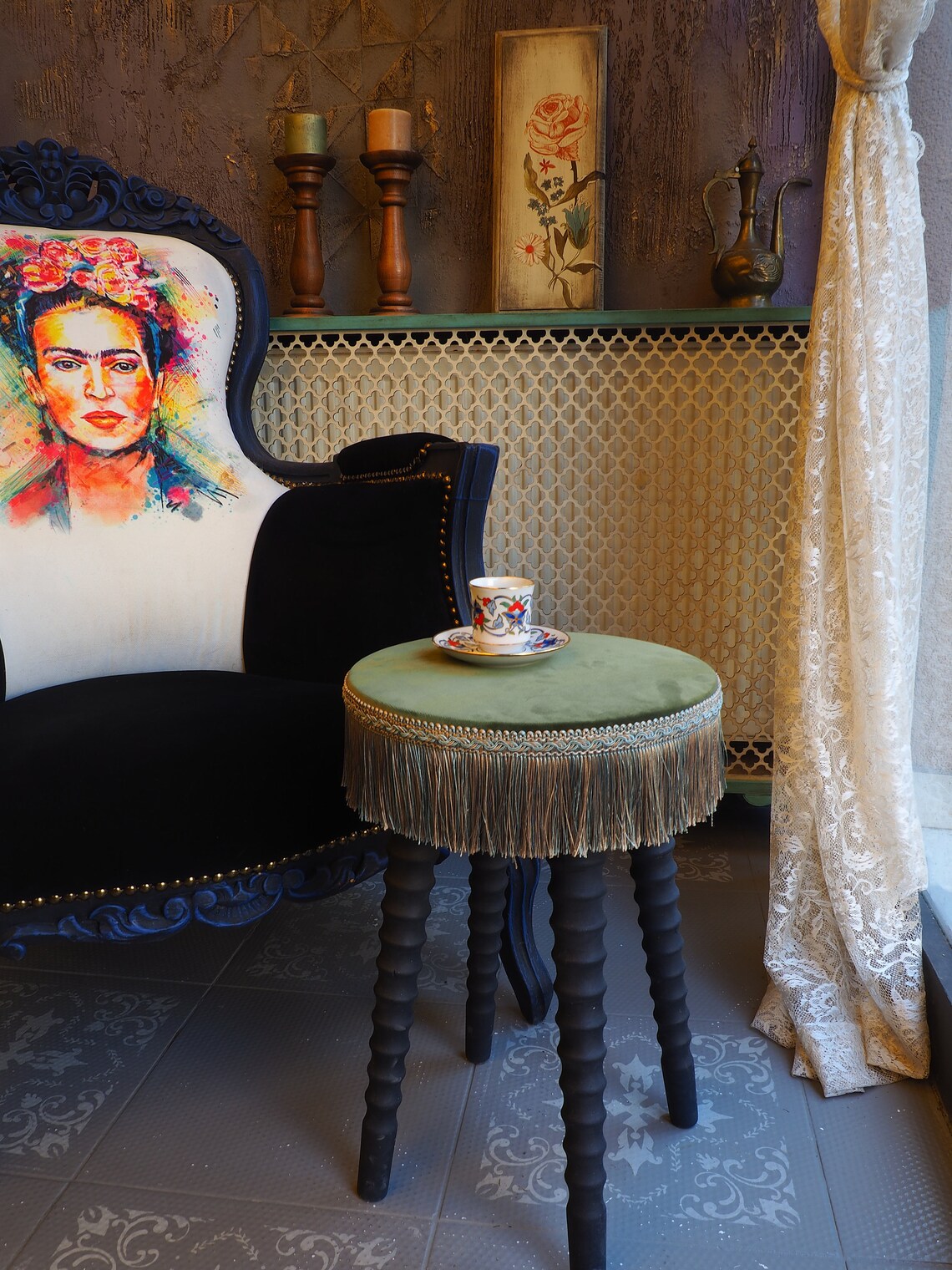 Green Velvet Fabric Covered Nesting Table With Wooden Legs | Etsy