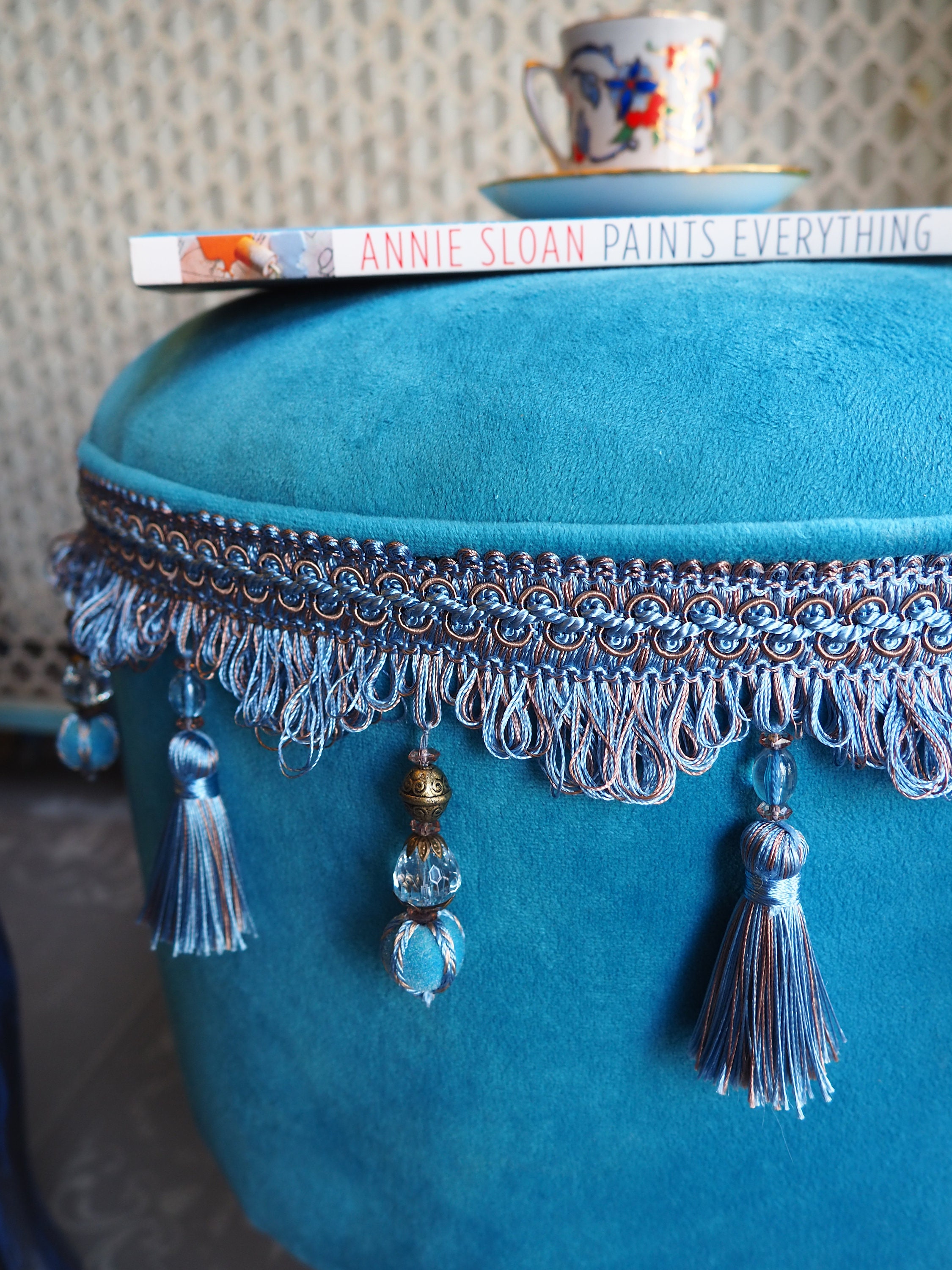 Turkish Turquoise Velvet Fabric Decorative Pouffe and 2 FREE 45*45 ...