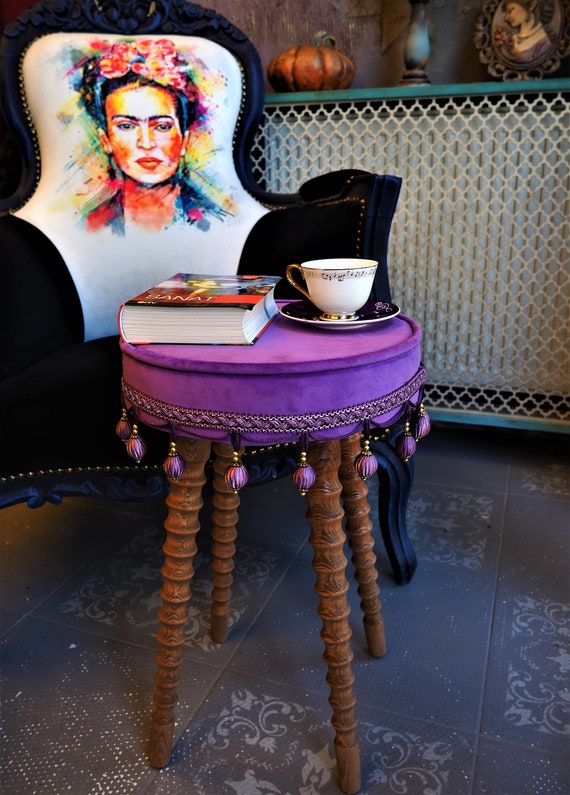 Turkish Purple Velvet Fabric Wooden Leg Decorative Pouffe and - Etsy