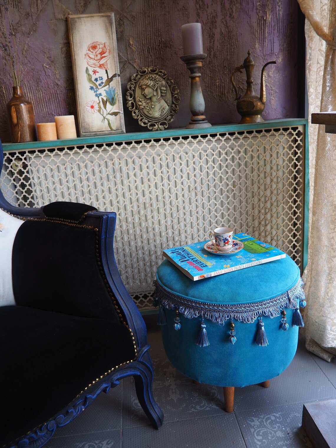 Turkish Turquoise Velvet Fabric Decorative Pouffe and 2 FREE 45*45 ...