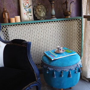 Turkish Turquoise Velvet Fabric Decorative Pouffe and 2 FREE 45*45 ...