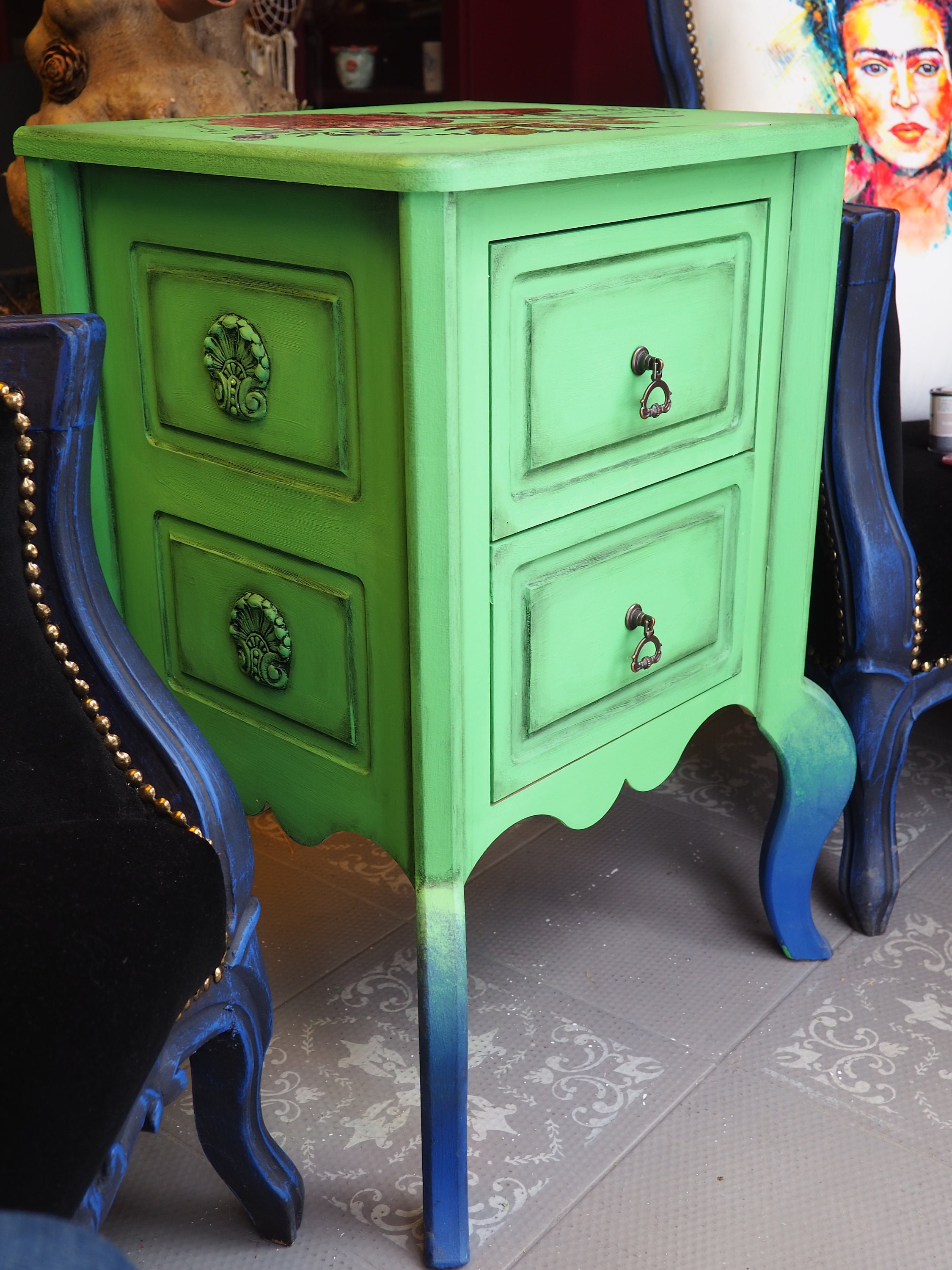 Vintage Style Green Side Table With 2 Drawers - Bed Side Table ...