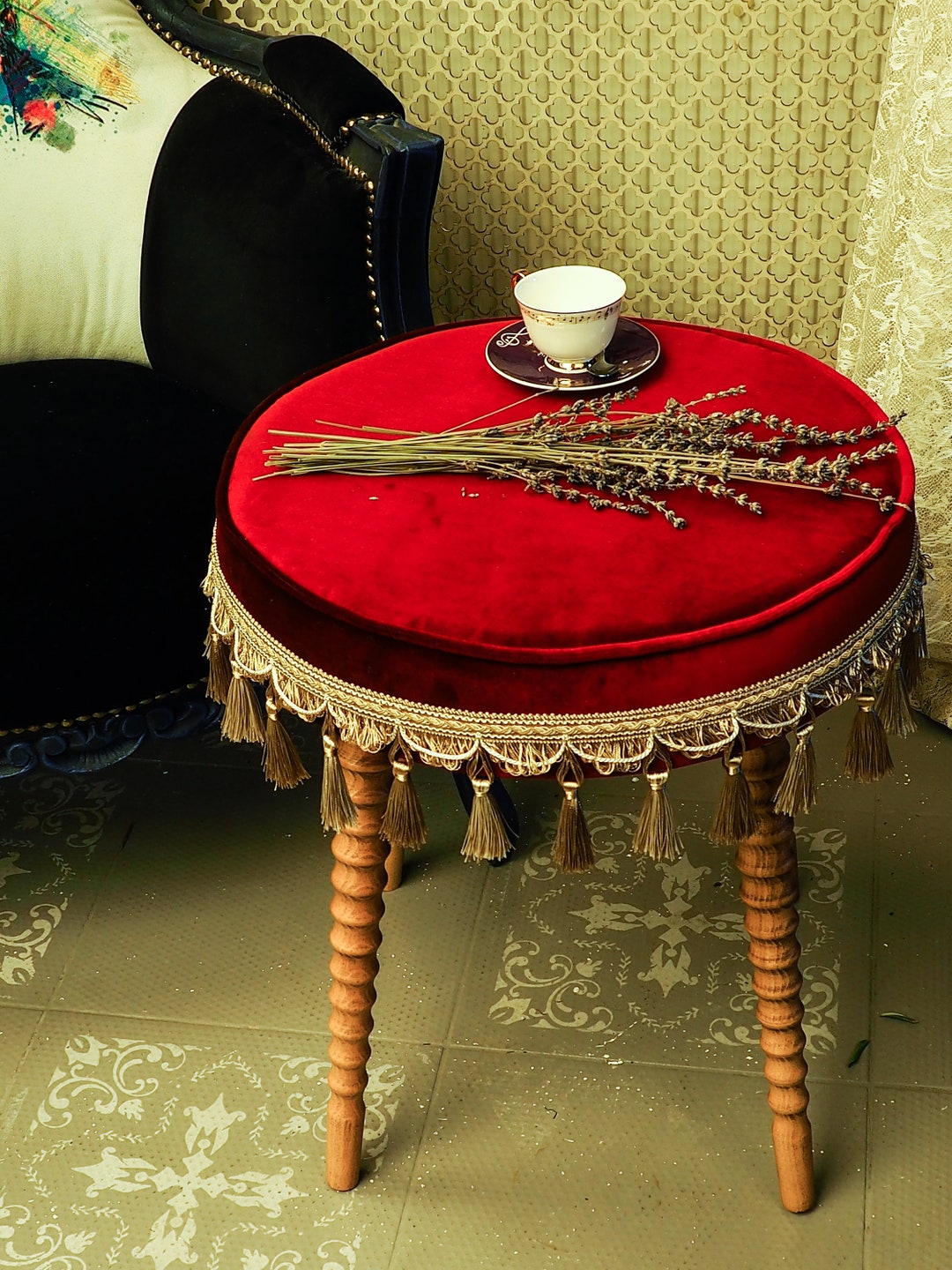 Turkish Dark Red Velvet Fabric Wooden Leg Decorative Pouffe and 2 FREE ...
