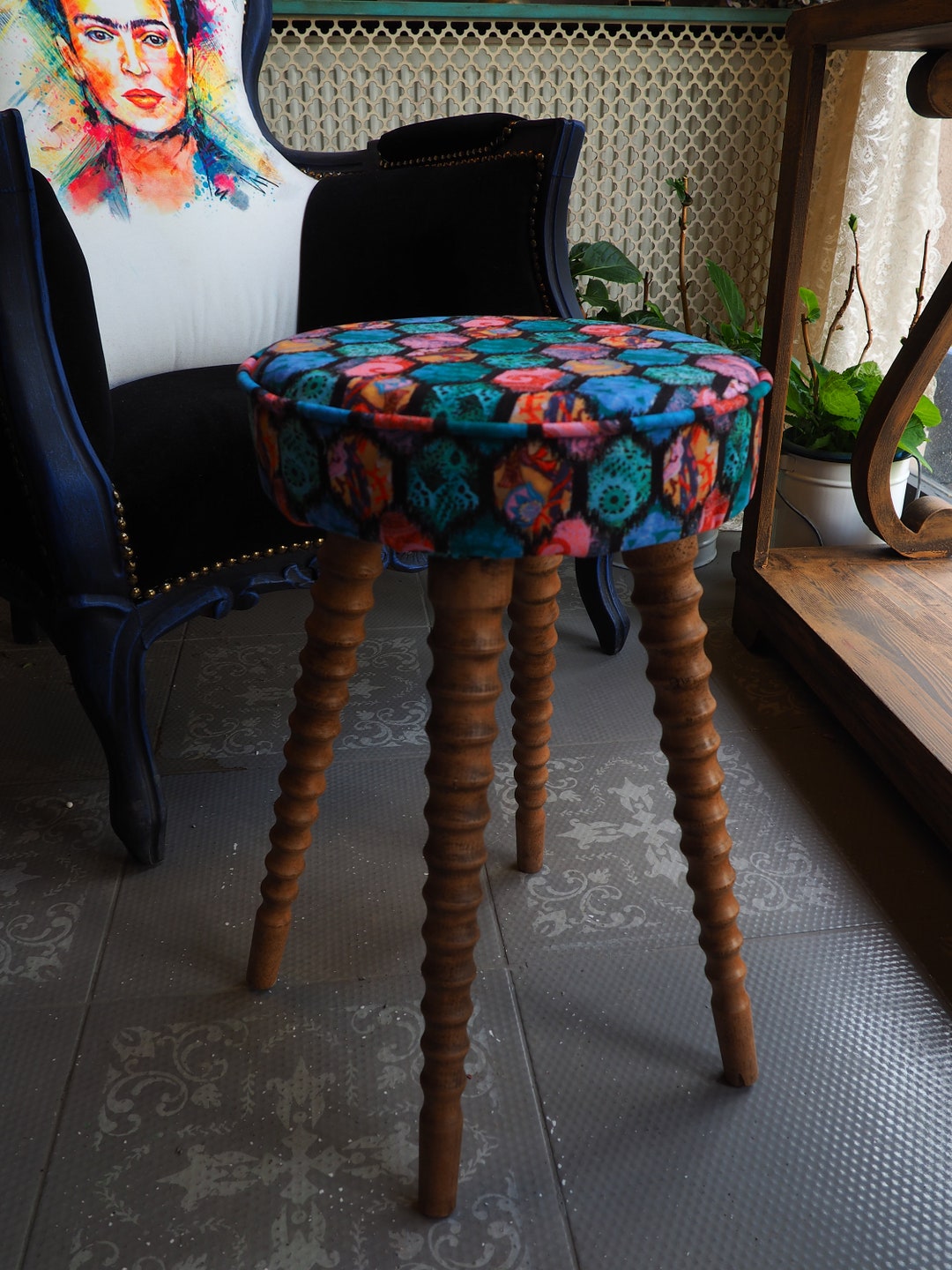 Turkish Velvet Fabric Wooden Leg Decorative Pouffe-ottoman Chair ...