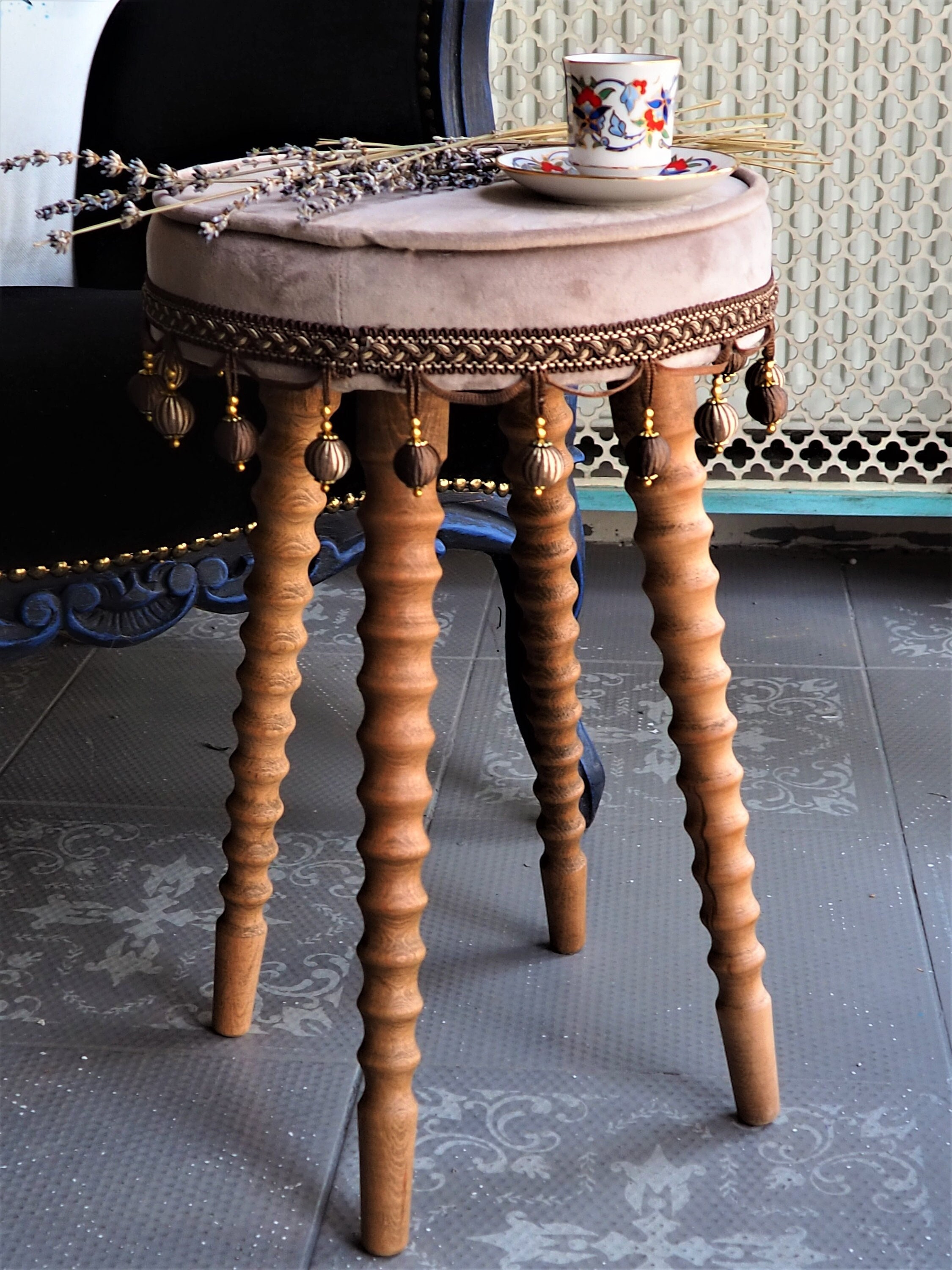 Turkish Light Brown Velvet Fabric Wooden Leg Decorative Pouffe and 2 ...