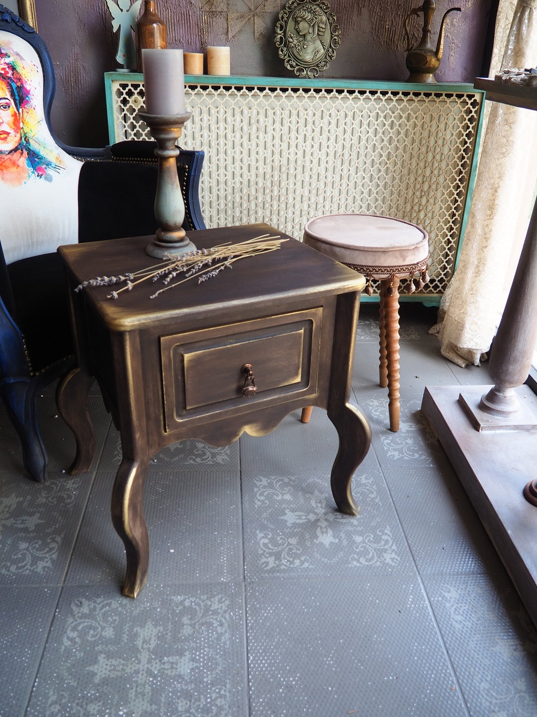 Bed Side Table With One Drawer -vintage Style - Brown Colour - Side ...
