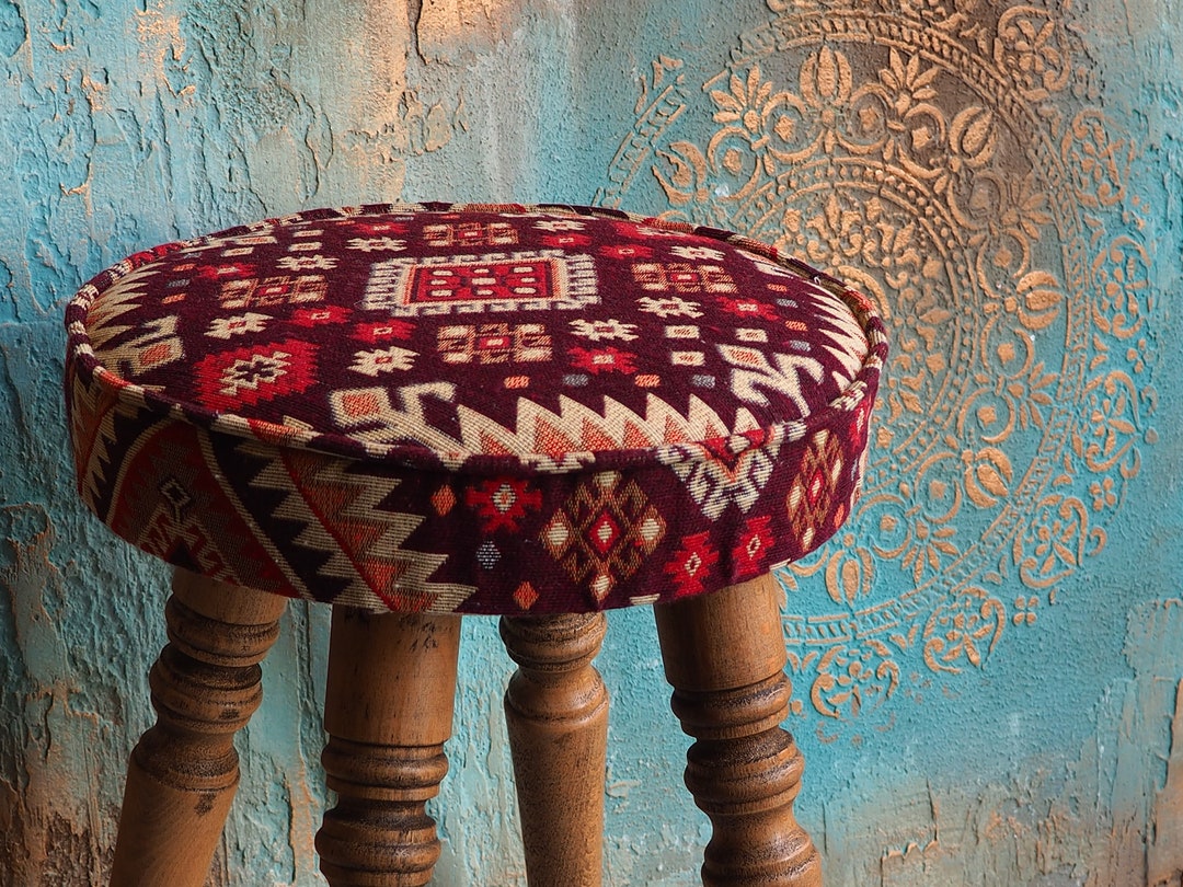 Turkish Kilim Patterned Wooden Decorative Pouffe-ottoman Chair-turkish ...