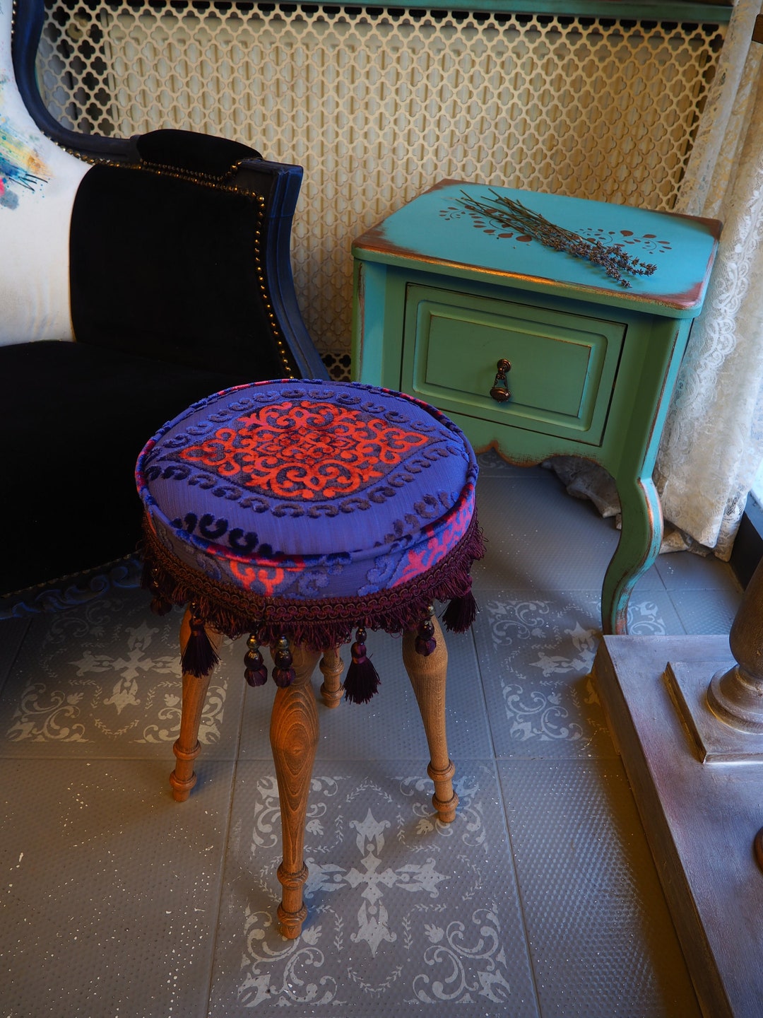Turkish Purple Velvet Fabric Wooden Leg Decorative Pouffe and 2 FREE 45 ...
