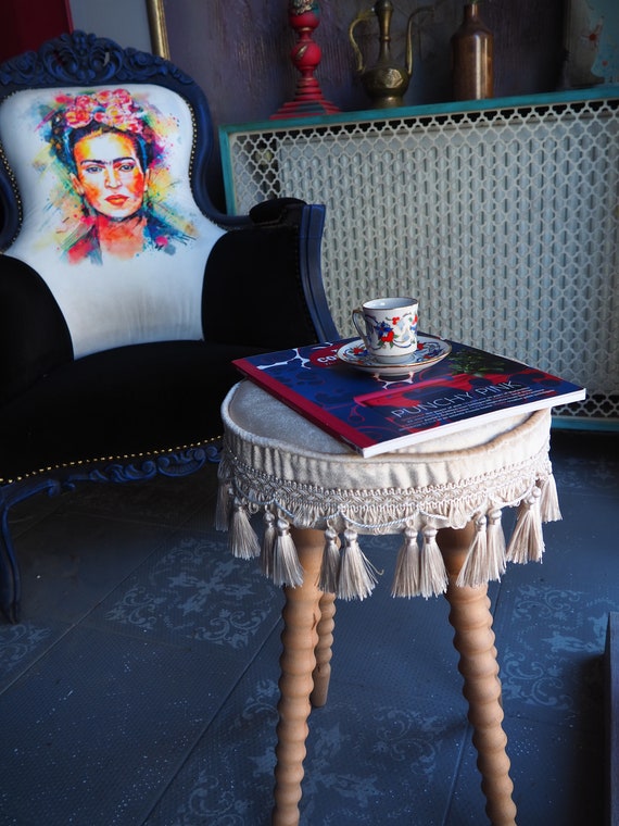 Turkish White Velvet Fabric Wooden Leg Decorative Pouffe and 2 - Etsy