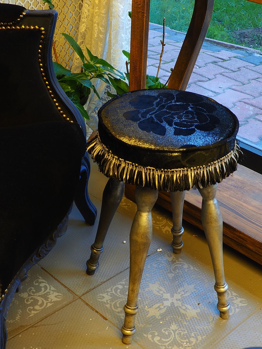 Turkish Black Rose Fabric Wooden Leg Decorative Pouffe-ottoman Chair ...