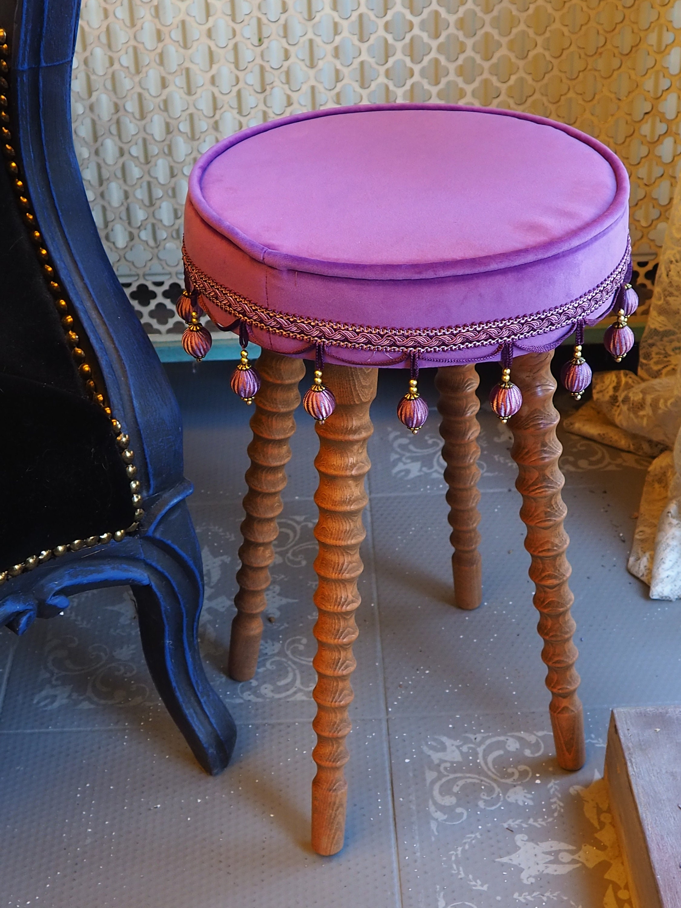 Turkish Purple Velvet Fabric Wooden Leg Decorative Pouffe and - Etsy