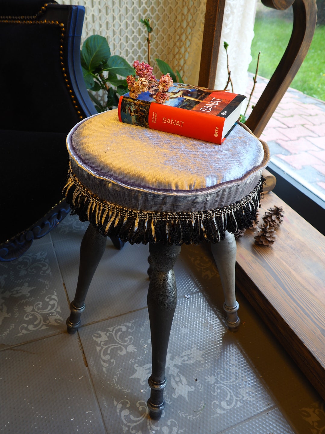 Turkish Silver Colour Satin Fabric Wooden Leg Decorative Pouffe-ottoman ...