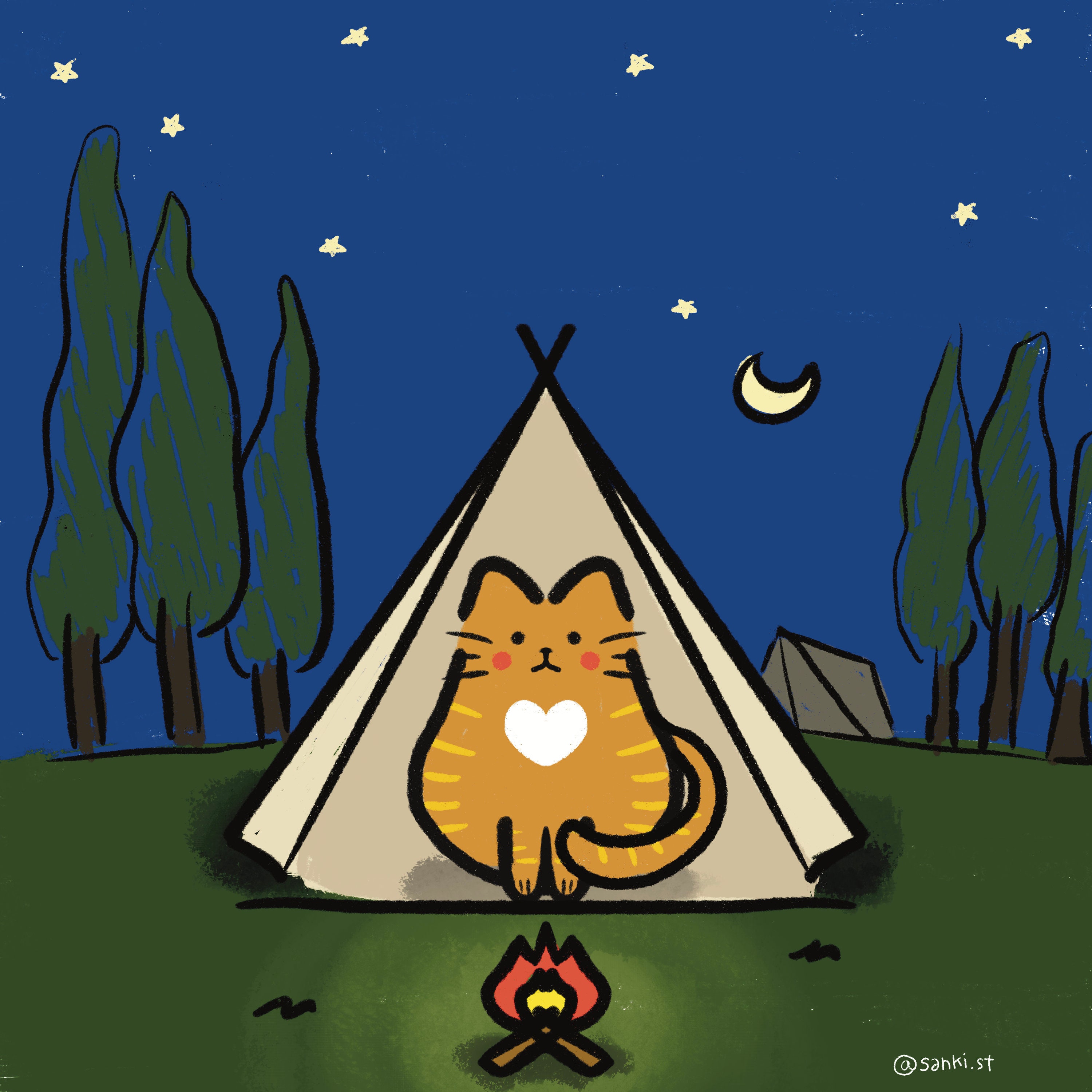 Poster Wall Art Campfire Night Forest a Cat in Campsite - Etsy