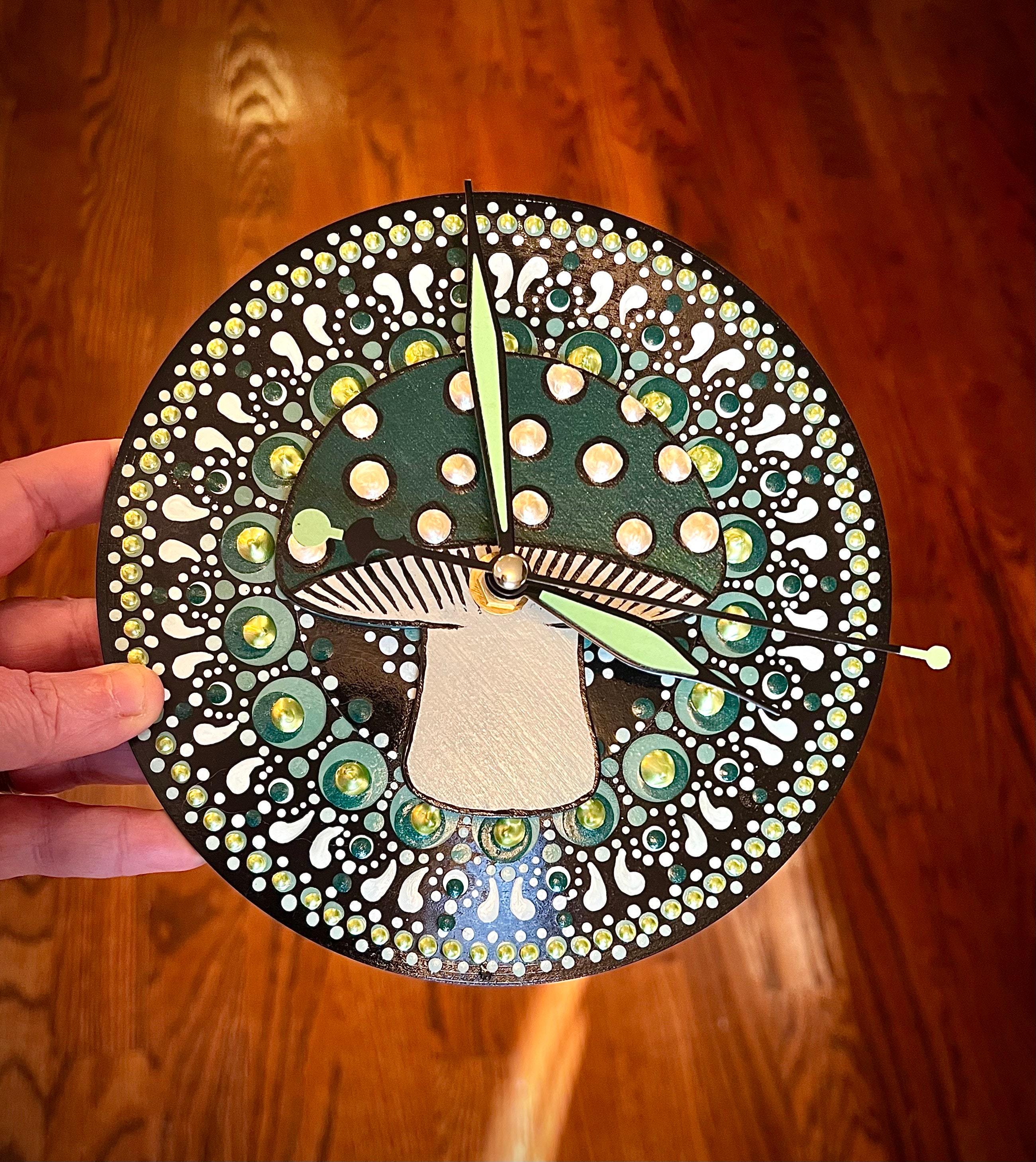 Green Custom Hand-painted Mushroom Fantasy Clock Upcycled - Etsy