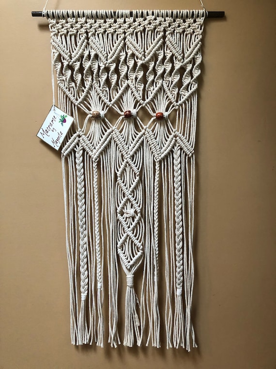 Macrame wall decor with beads Handmade Wall Art Beige with | Etsy