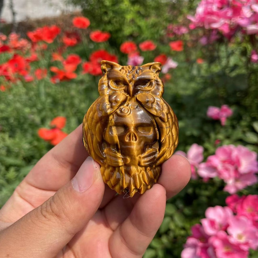 Tiger Eye Crystal Owl Skull Carving: Spiritual Stone Sculpture - Etsy