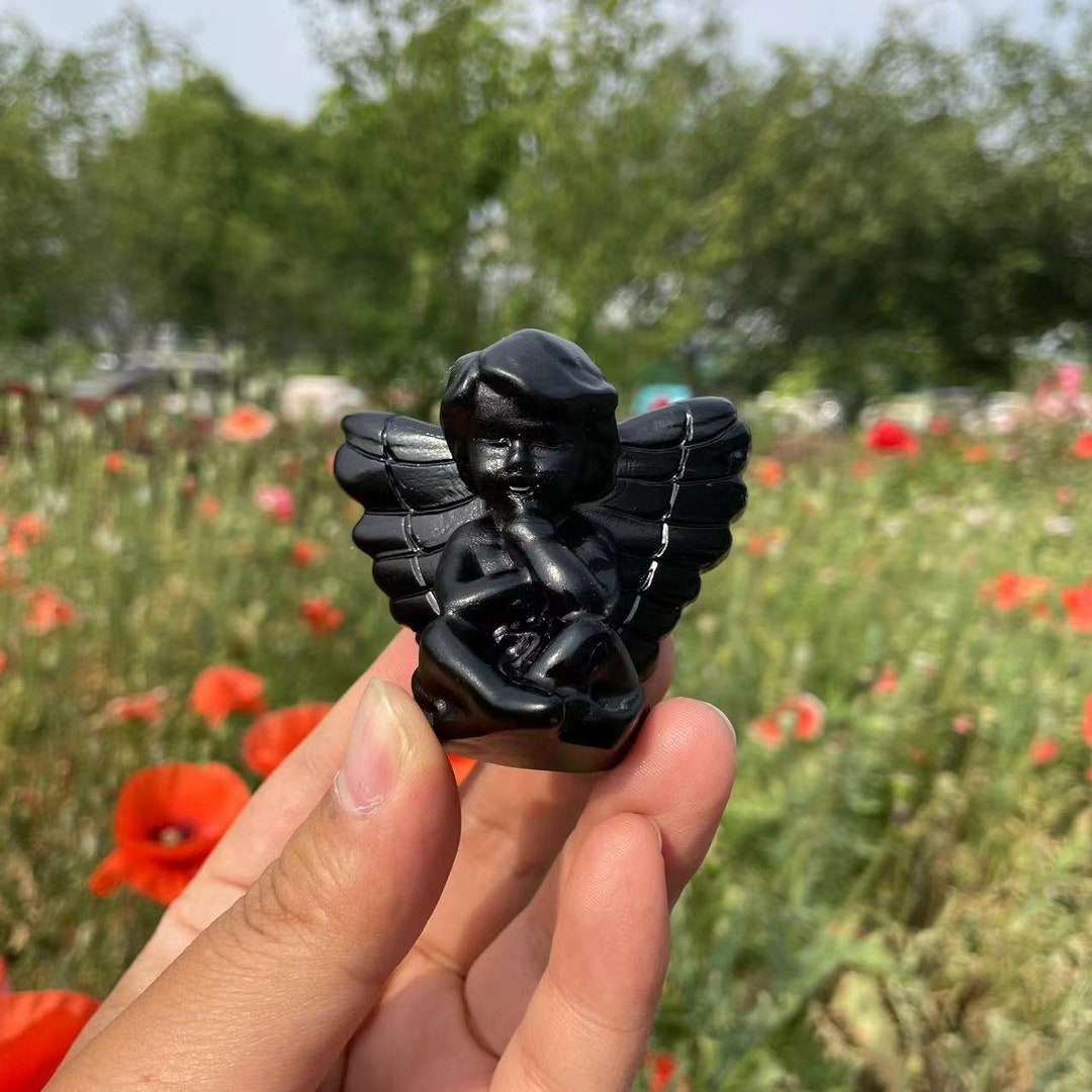 Black Obsidian Angel Child Carvingangel Protecting and Comforting ...