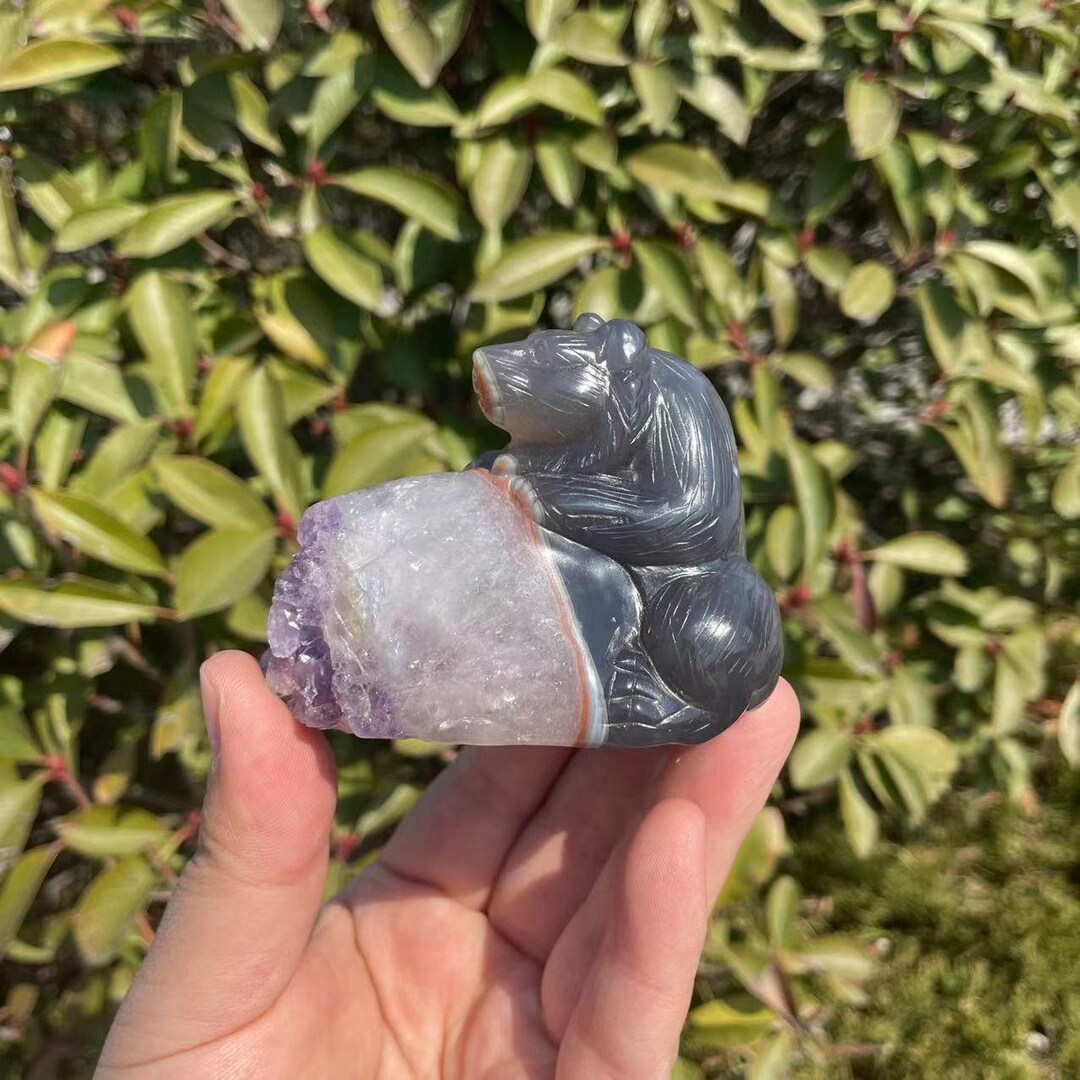 Hand Carved Agate Bear Carving With Amethyst Cluster|crystal Animal ...