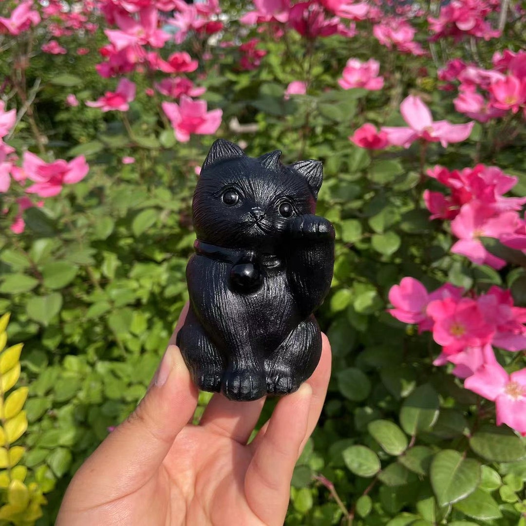 Hand Carved Black Obsidian Lucky Cat Sculpture: Healing Crystal Gift - Etsy