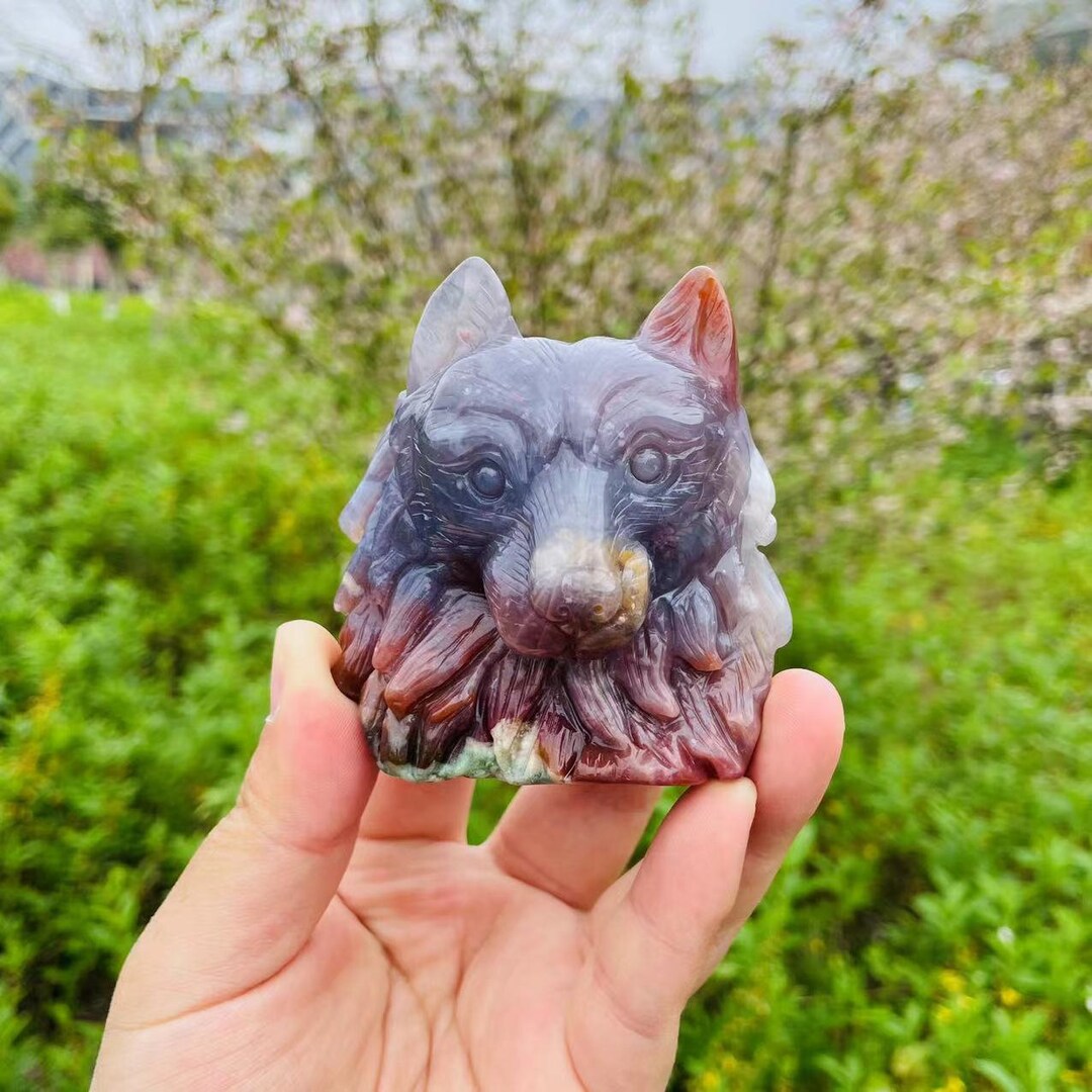Hand Carved Ocean Jasper Wolf Head Carving|healing Crystal Wolf Head ...