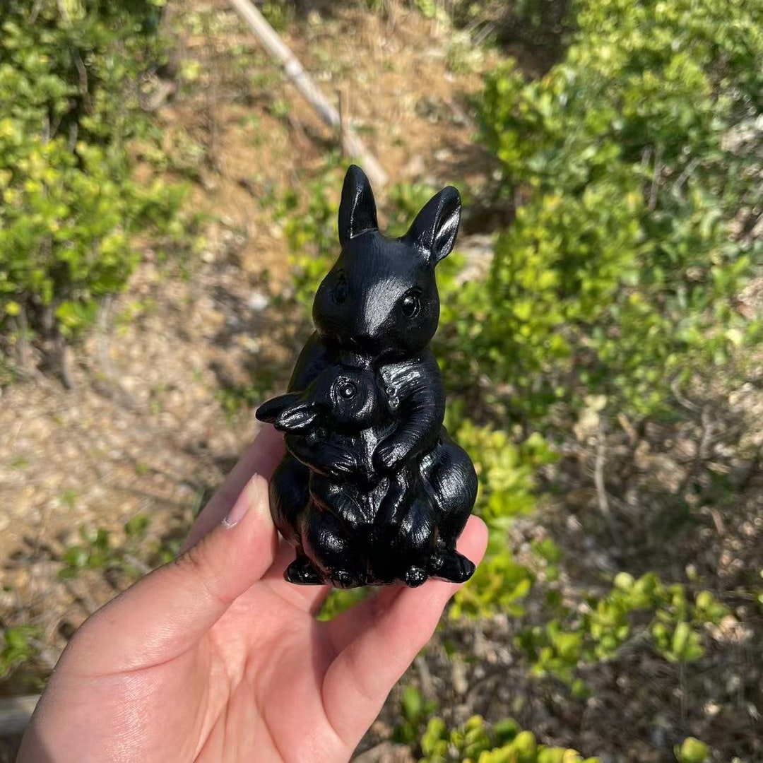 450g Hand Carved Black Obsidian Double Rabbit Carving|healing Crystal ...