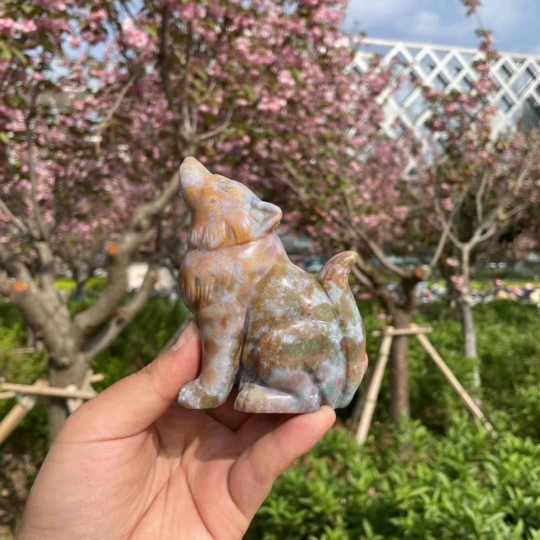 Hand Carved Ocean Jasper Wolf Carving|healing Crystal Wolf Sculpture ...