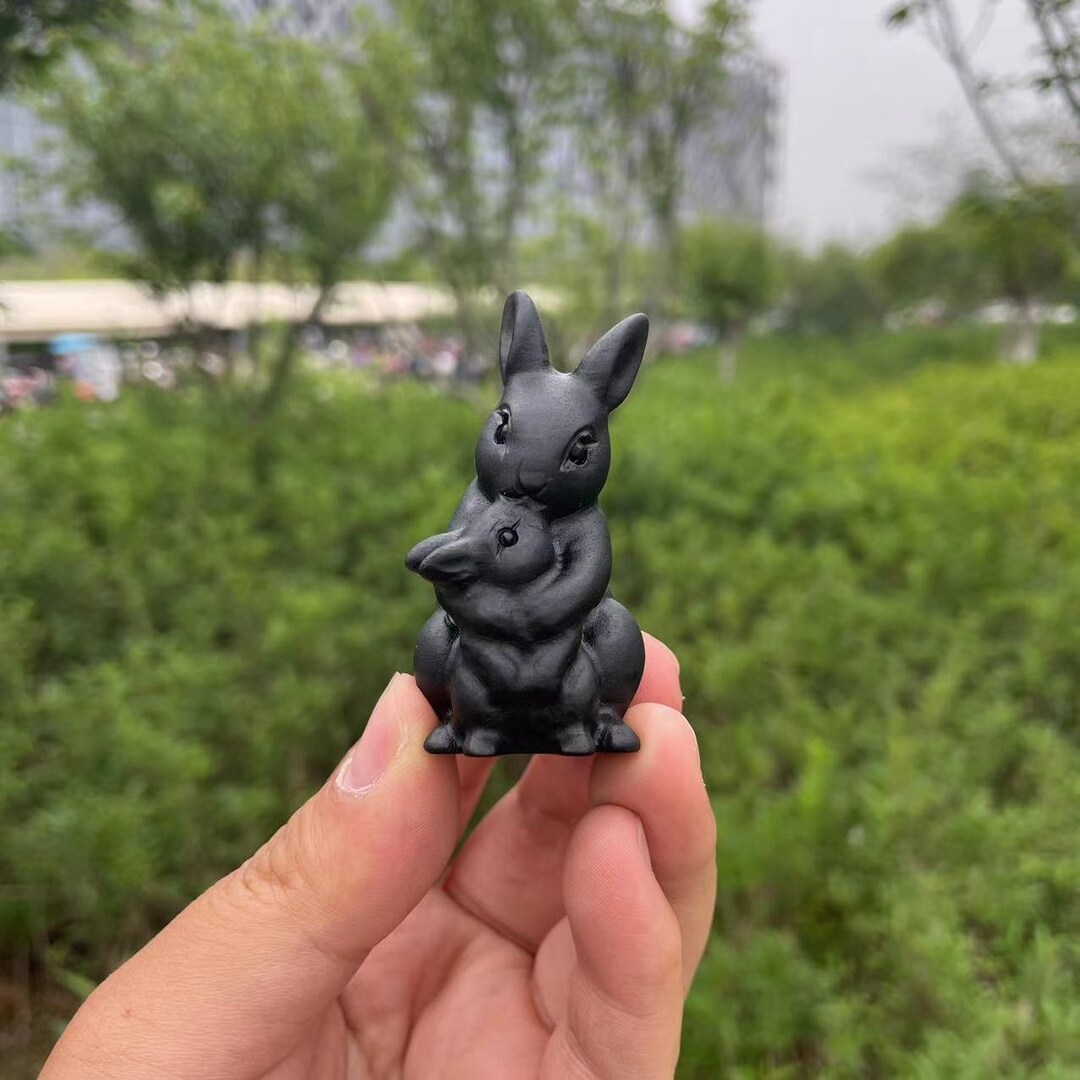 Natural Black Obsidian Double Rabbit Carving|healing Crystal Obsidian ...