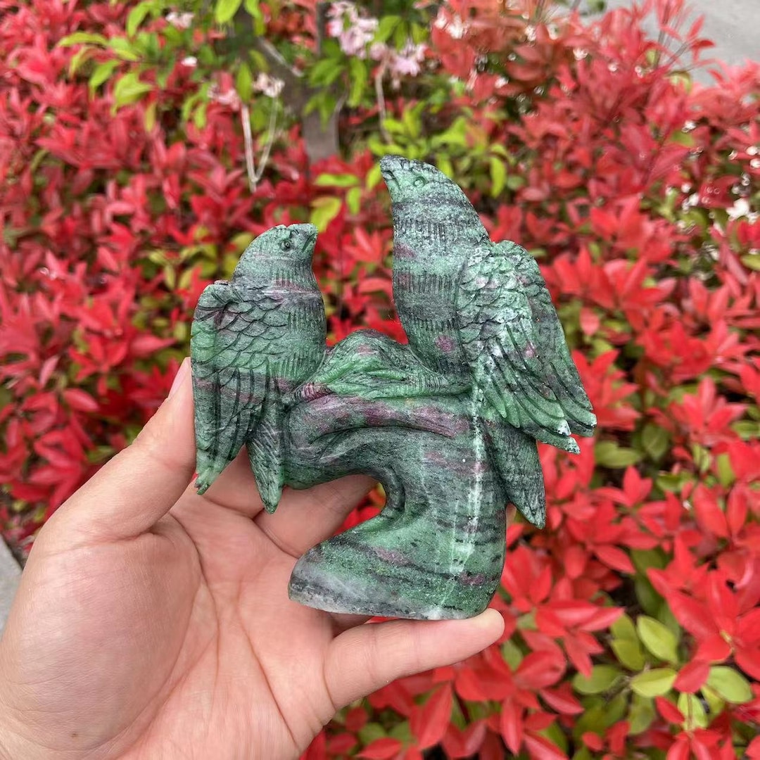 Hand Carved Ruby in Zoisite Double Bird Statue: Spiritual Crystal Gift ...
