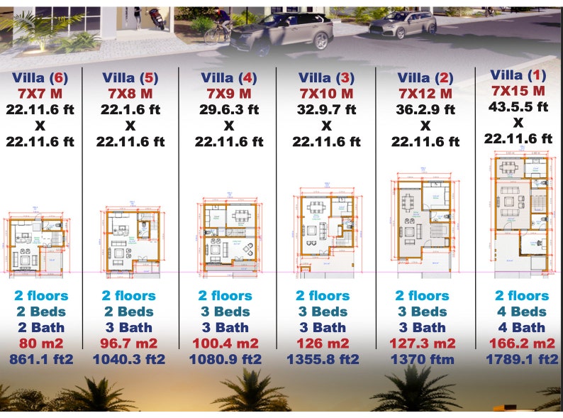 Plans for 6 Villas of Different Sizes and Different 3D Facades - Etsy
