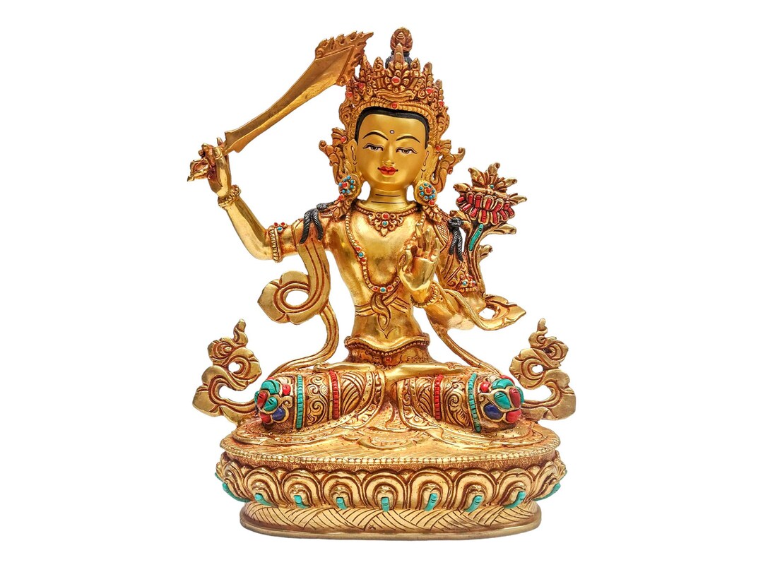 9 Inch, Manjushri, Budhist Handmade Statue, Face Painted, Stone Setting ...