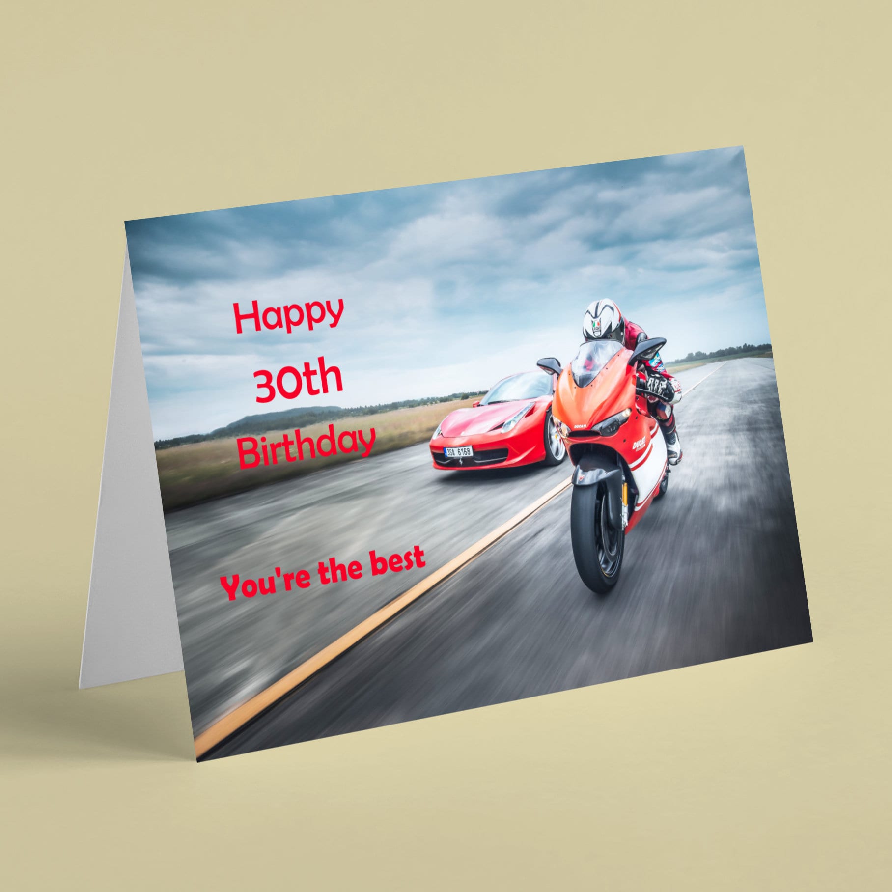 Red Ferrari and Ducati Motorbike 30th Birthday Card - Can Supply Other ...