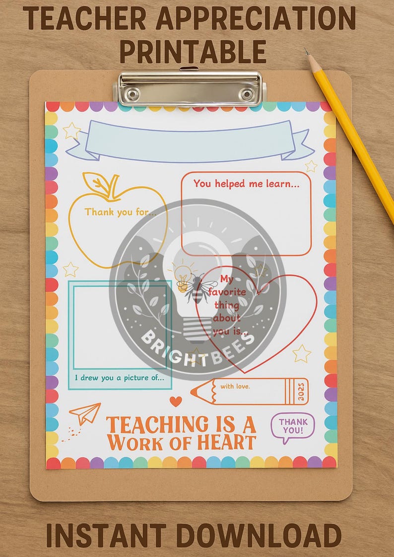 Teacher Appreciation Worksheet Printable | Student Thank You Page - Etsy