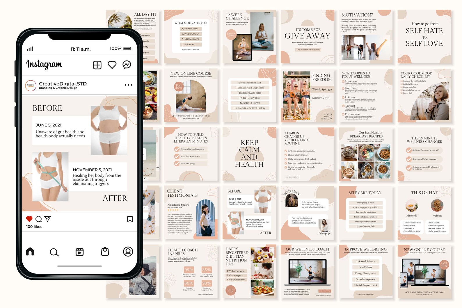 Wellness Health Social Media Templates for Canva Wellness Health IG ...