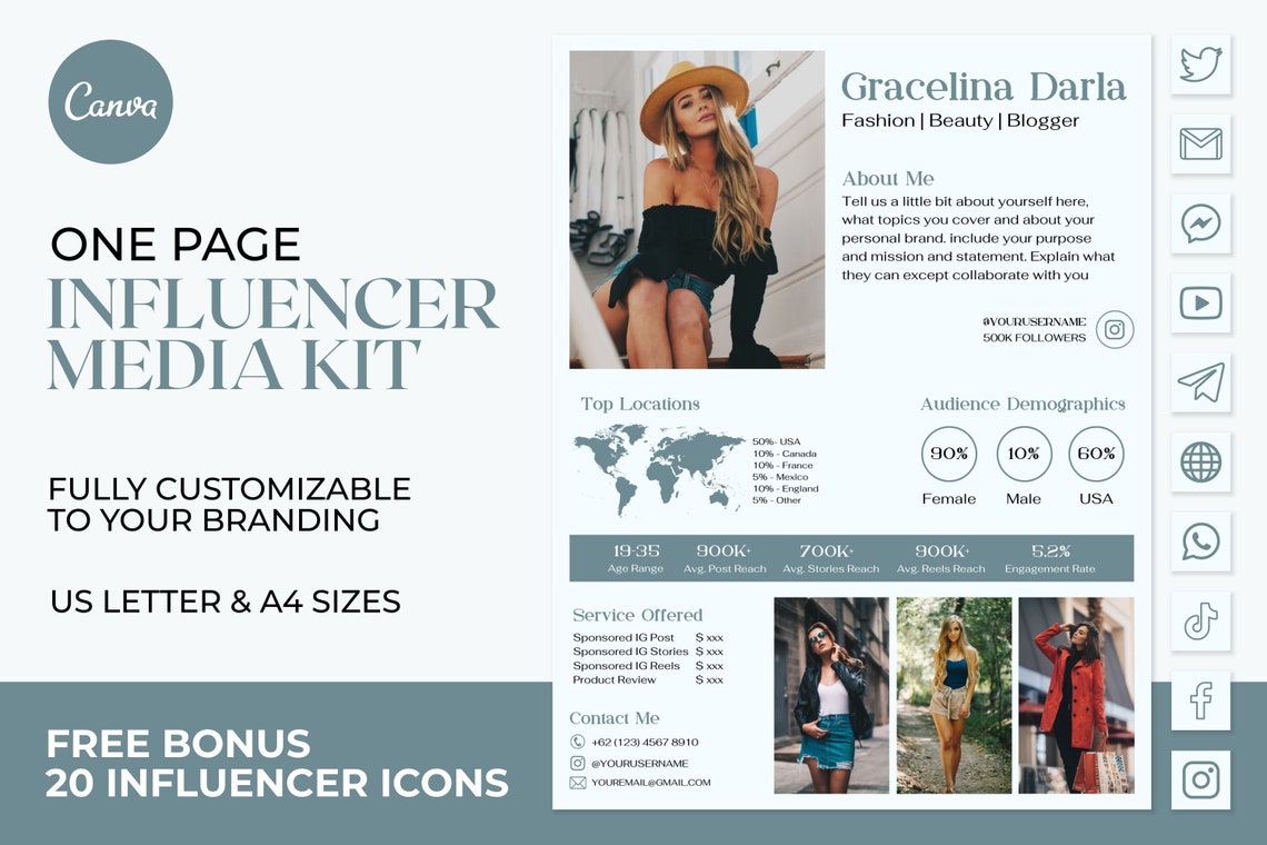 1 Page Influencer Media Kit Templates Media Press Kit - Etsy
