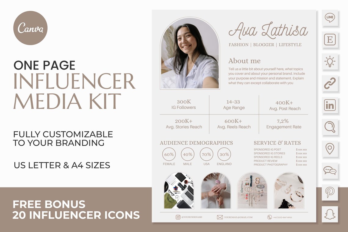 One Page Media Kit Canva Template Instagram Media Kit Influencer Rate Sheet Template Blogger ...