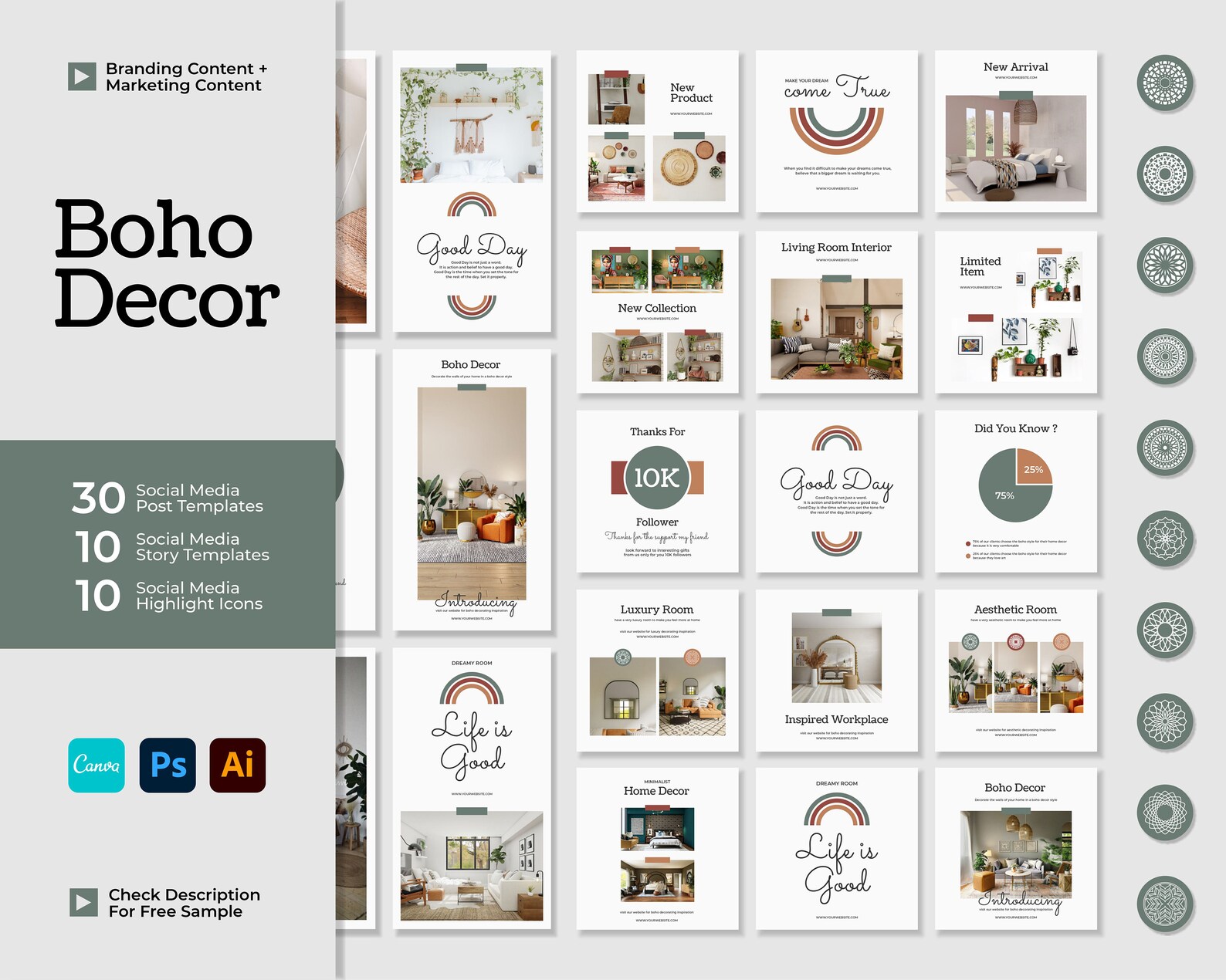 Boho Decor Instagram Templates for Canva Boho Decor Social - Etsy