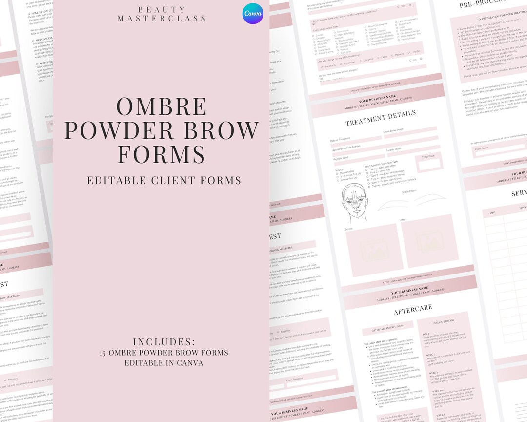 Ombre Powder Brow Forms for Microshading Aftercare, Waiver, Medical ...