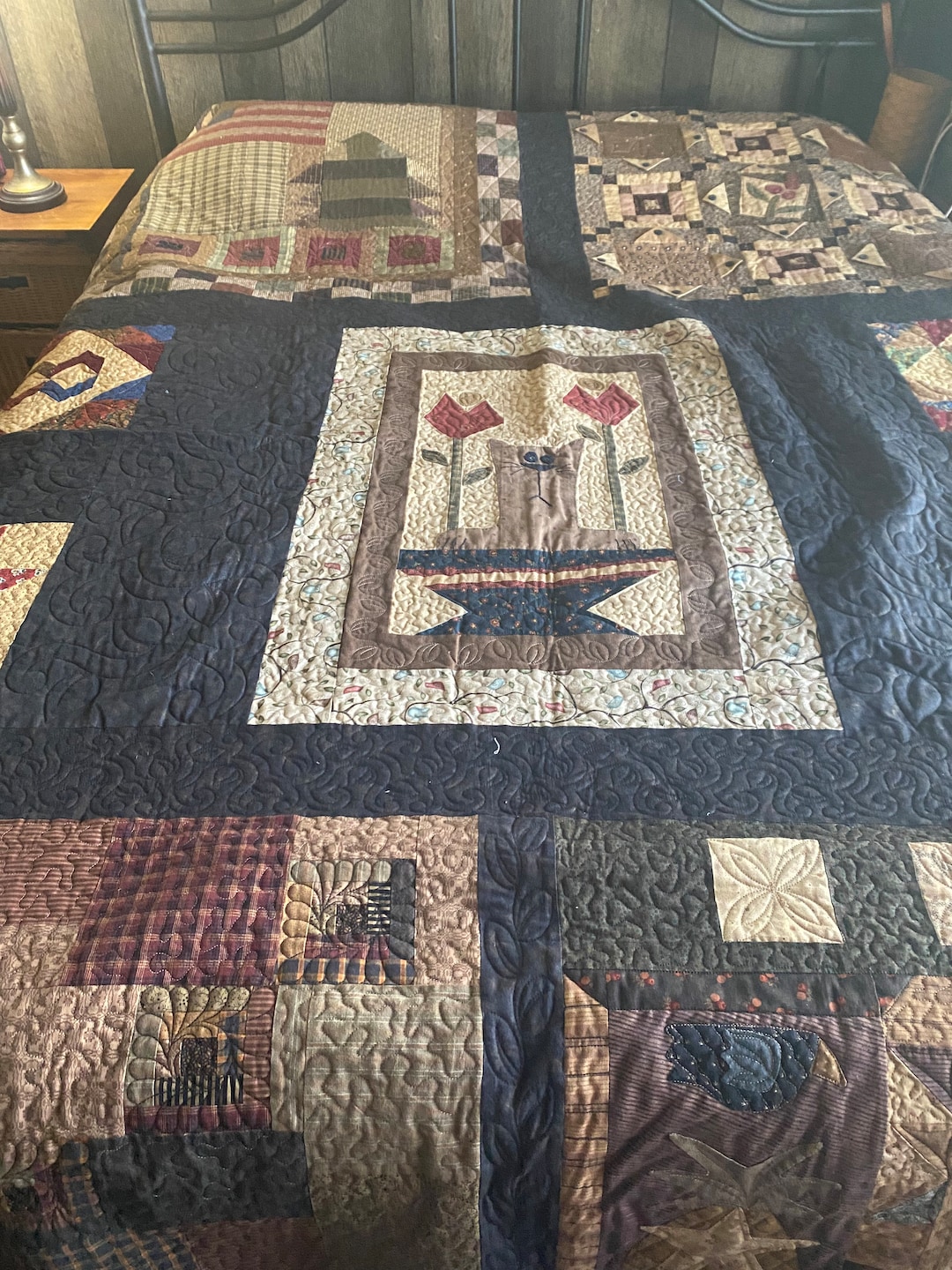Queen Size Cat Quilt, Original Blocks, Primitive Colors With Red ...