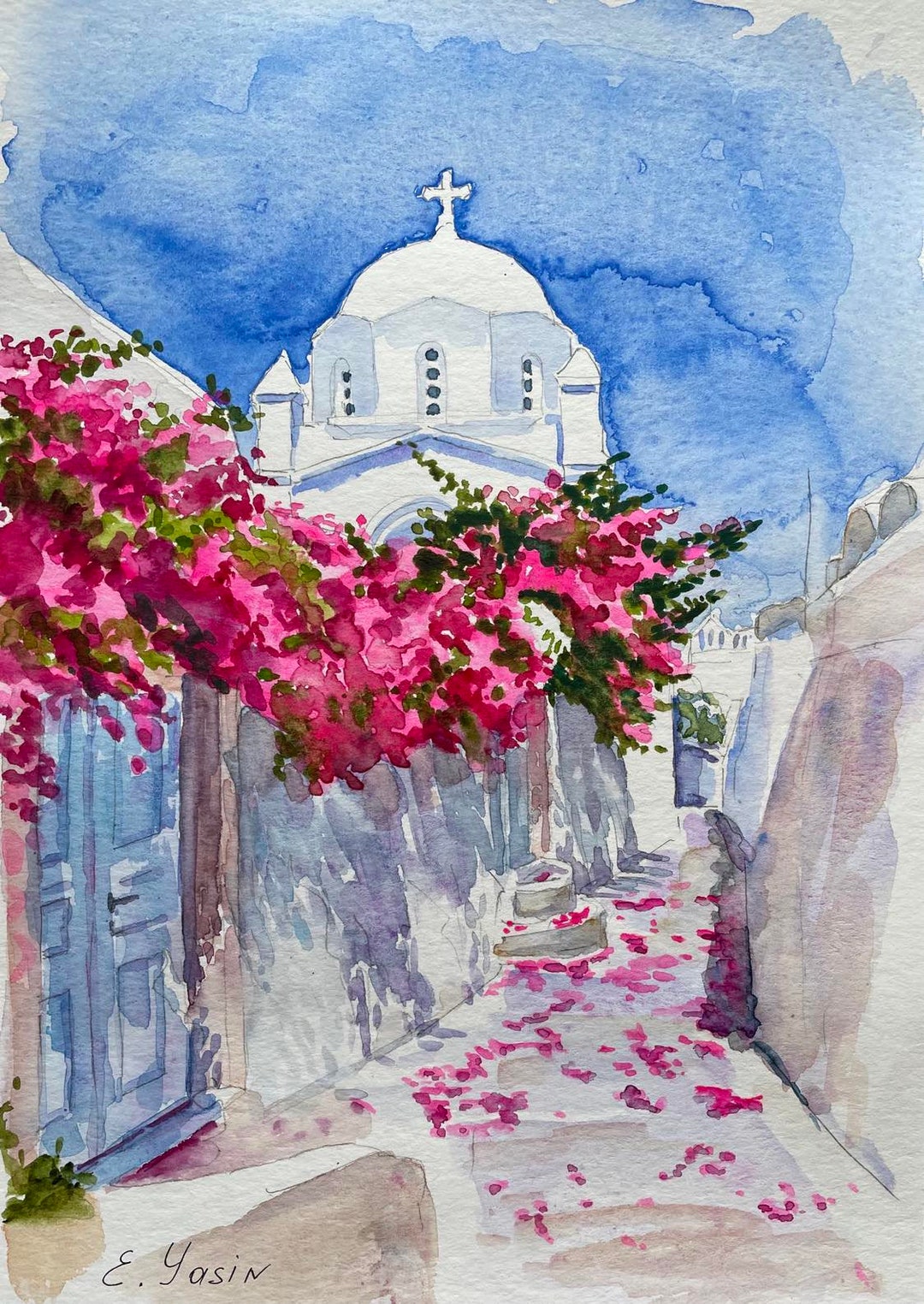 Greece Santorini Landscape Watercolor Painting Greek Landscape ...