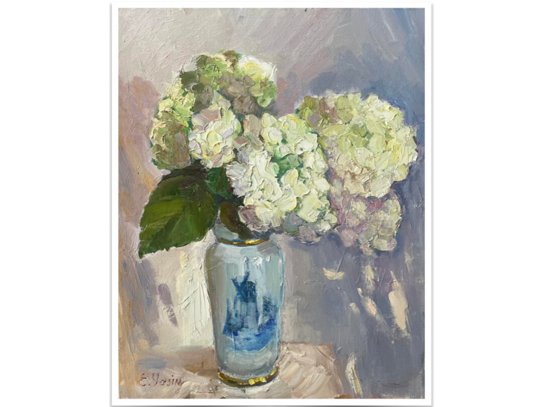 White Hydrangea in a Vase Original Oil Painting Hydrangeas Bouquet Boho ...