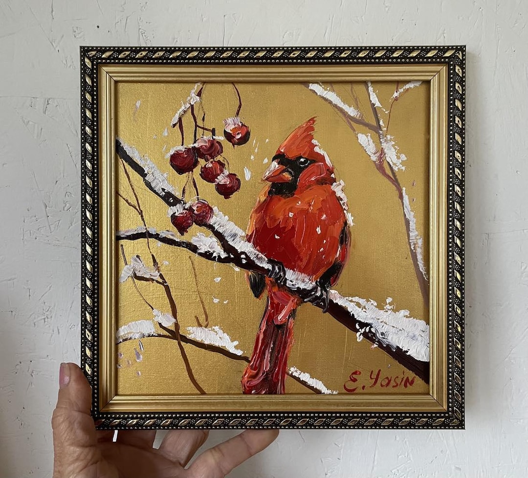 Red Cardinal Bird Oil Painting Gold Wall Decor Christmas Bird Painting ...