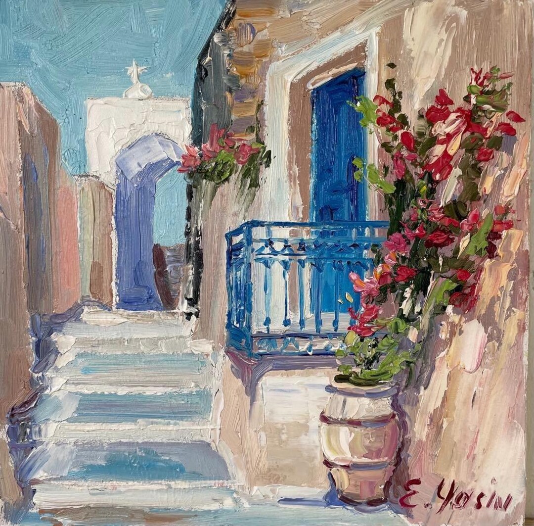 Mediterranean Blue Door Oil Painting: Santorini Greek Island Art - Etsy