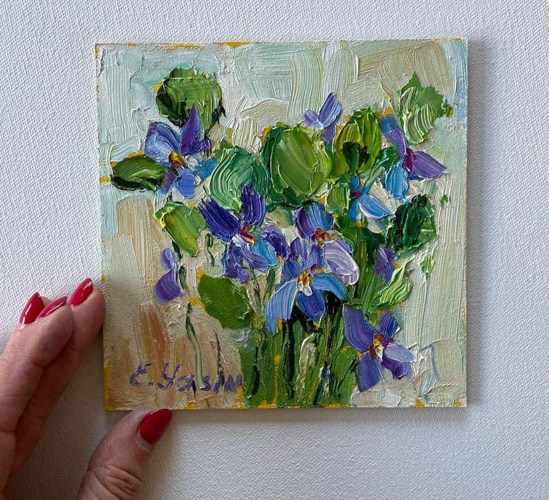 Violet Flower Oil Painting Origina Small Floral Miniature Impasto Art ...