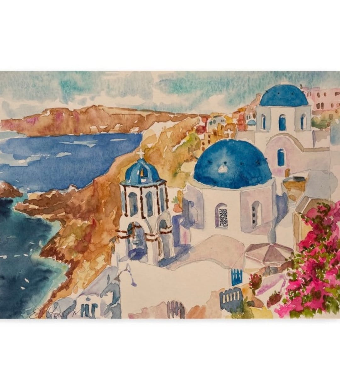 Greece Original Watercolor Painting Santorini Landscape Painting Sea ...