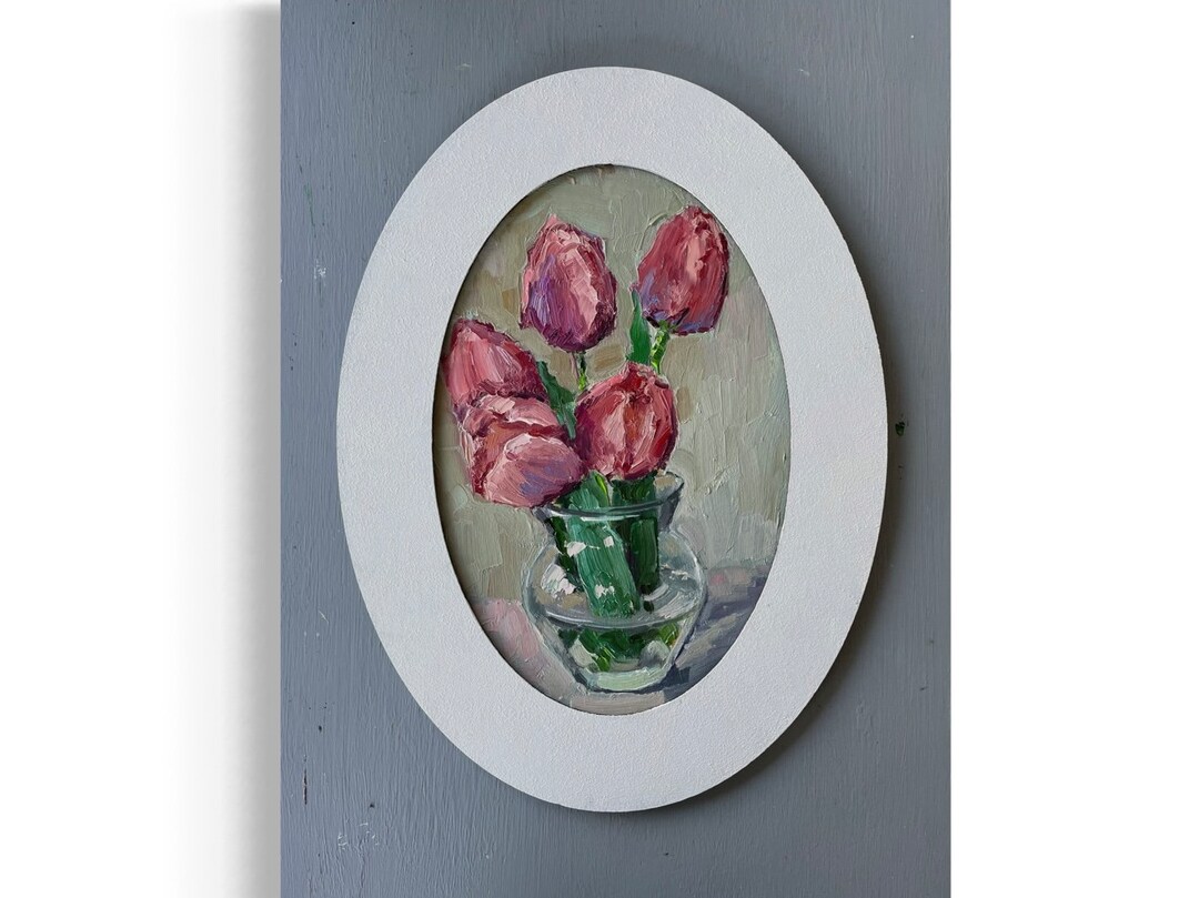 Pink Tulips Original Oil Painting Oval Frame Wall Art Hand Painted Art ...